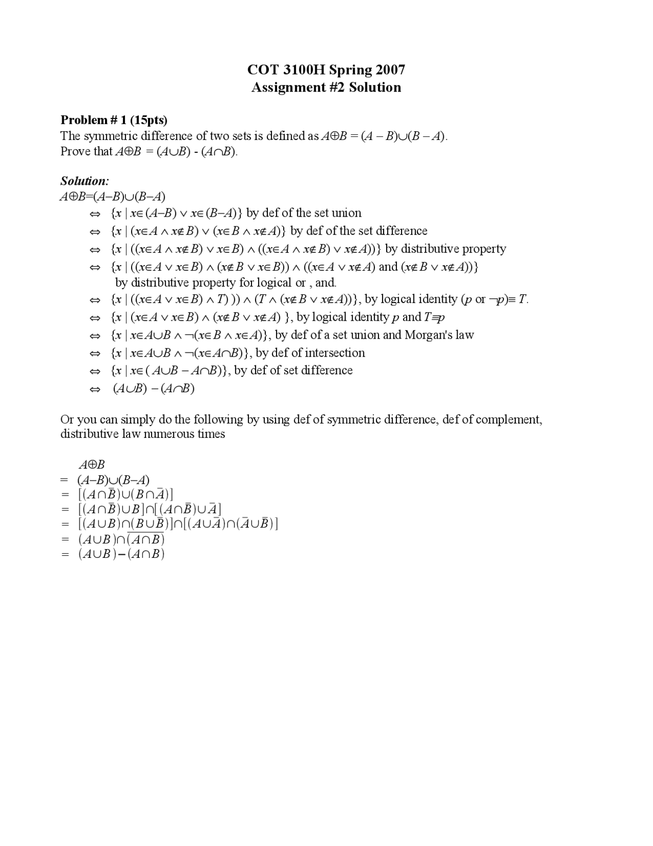 Assignment 2 Solutions Introduction To Discrete Structures Cot 3100