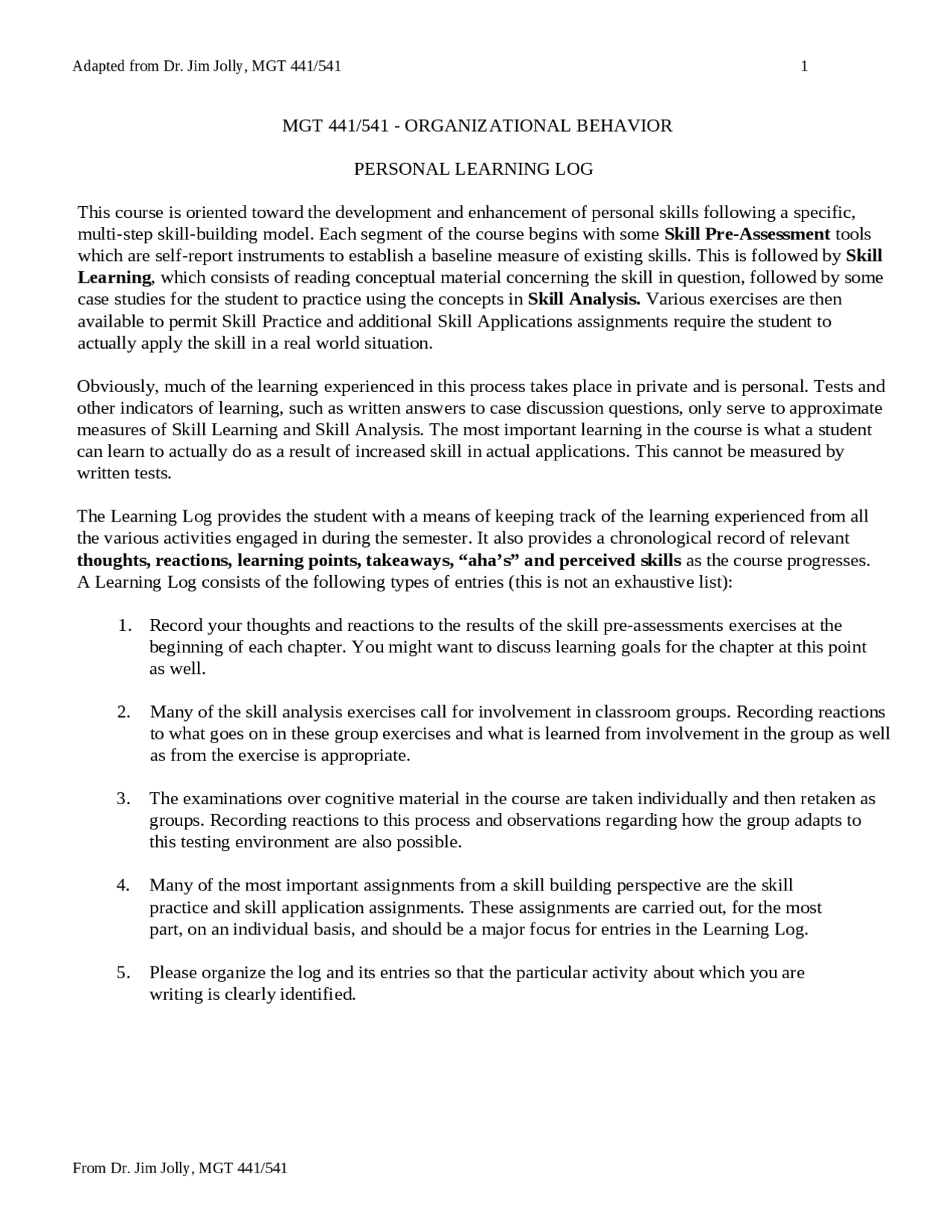 Personal Learning Log - Organizational Behavior | MGT 441 - Docsity