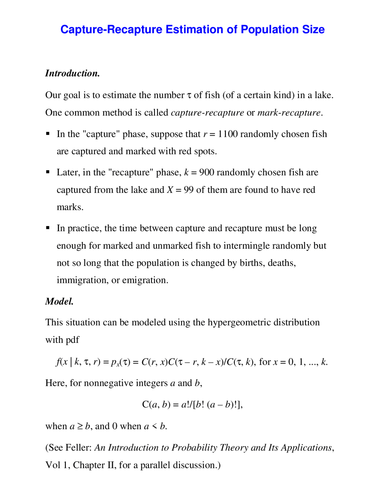 Notes On Capture Recapture Estimation Of Population Size Stat 3401