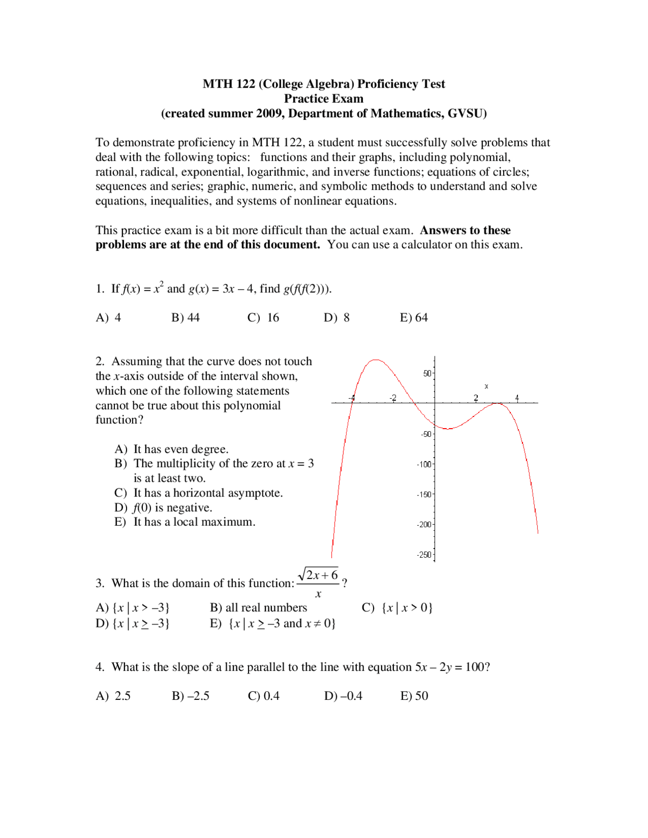 Practice Exam With Answer Key College Algebra Mth 122 Docsity
