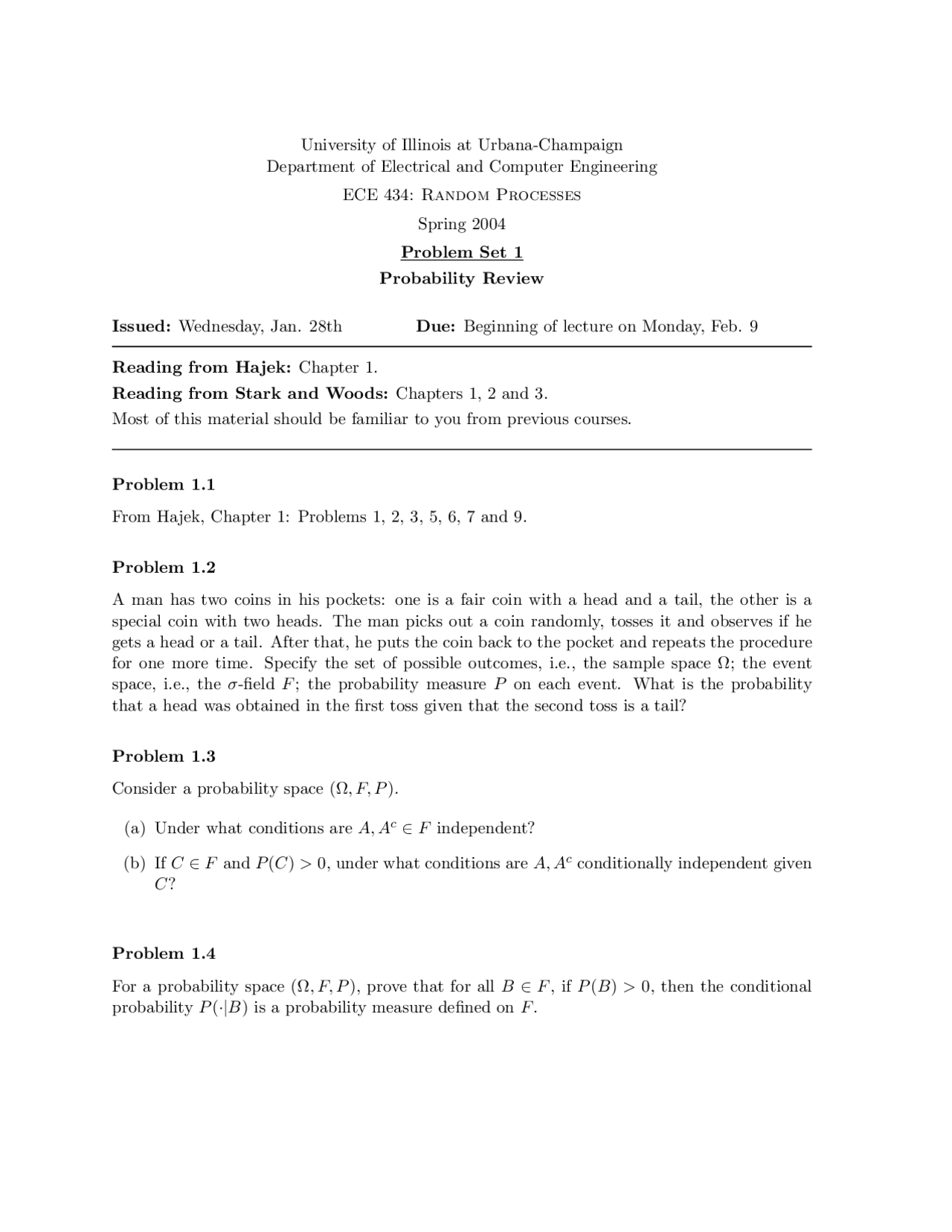 Probability Review - Problem Set 1 - Random Processes | ECE 534 - Docsity