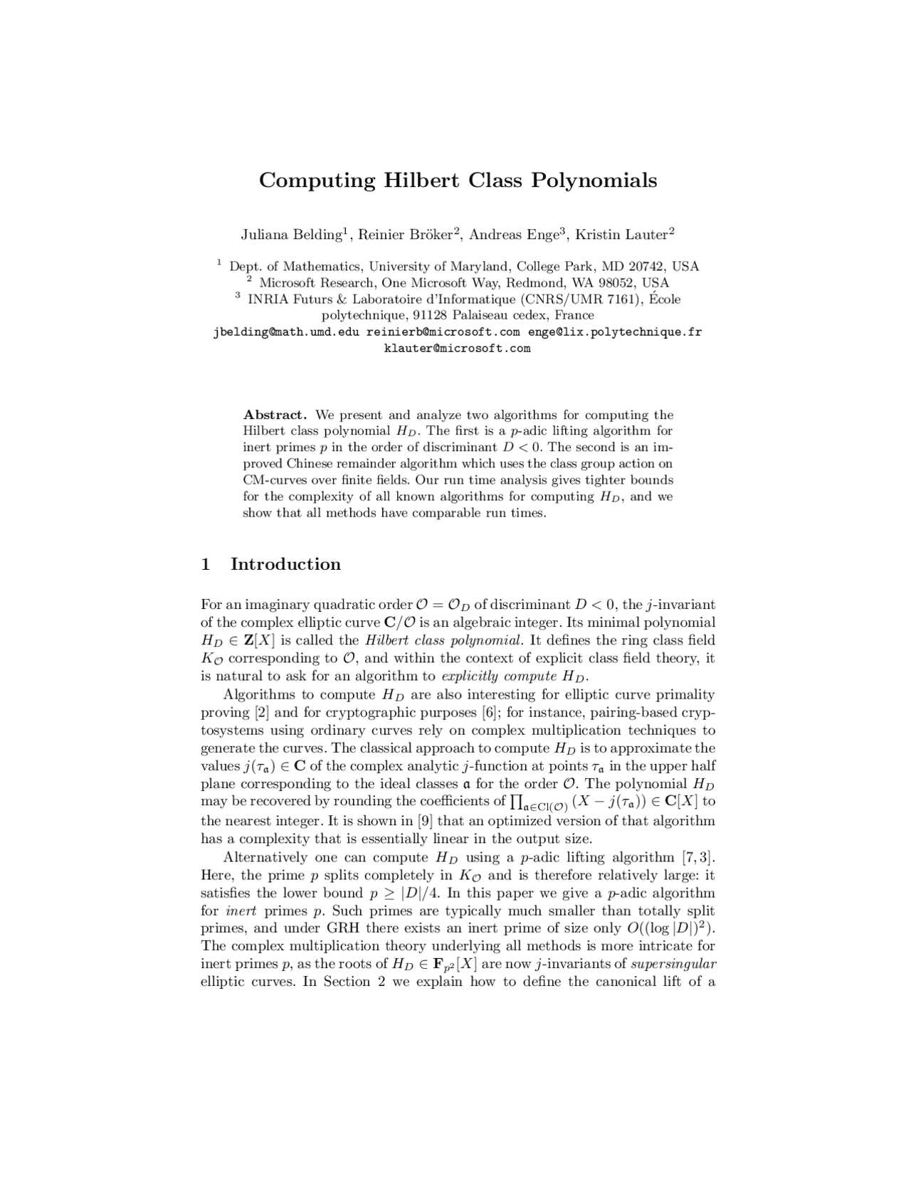 Notes On Computing Hilbert Class Polynomials Math Xlist Docsity
