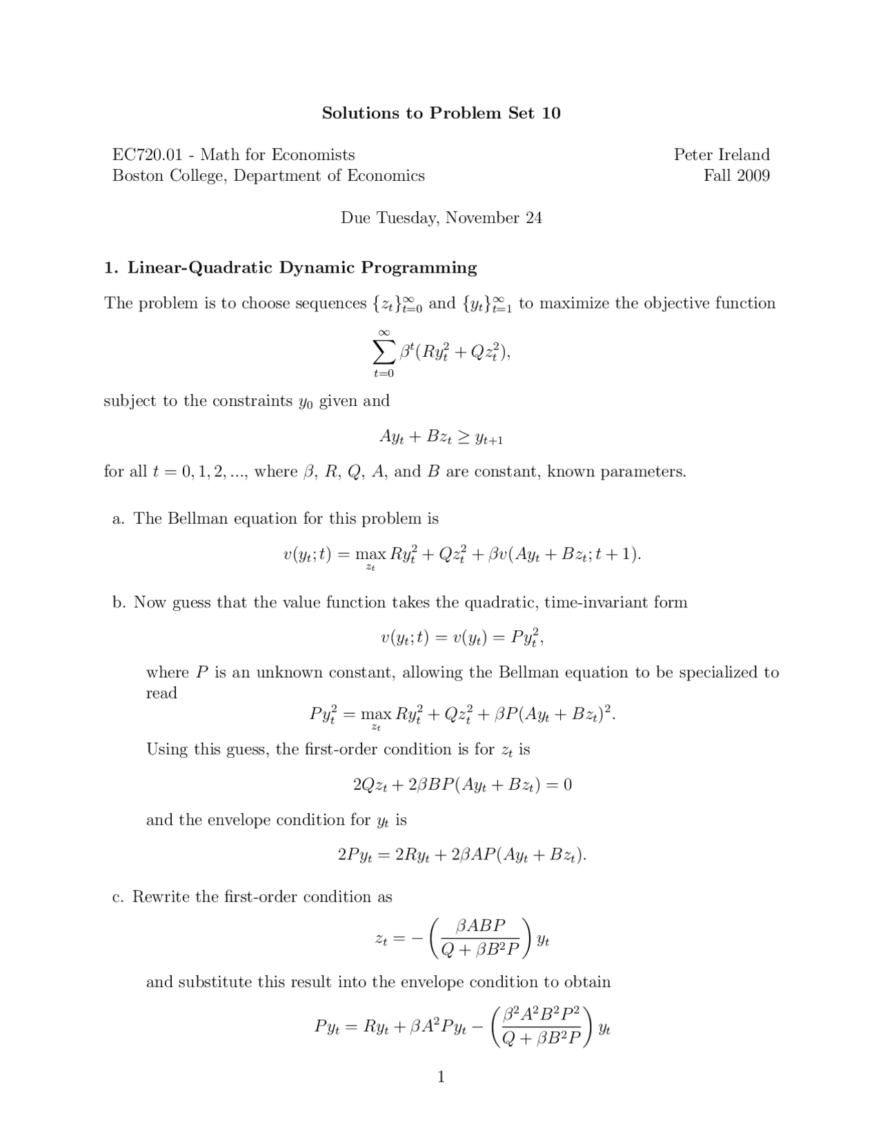Problems Set 10 With Solutions For Mathematics For Economists Ec 720