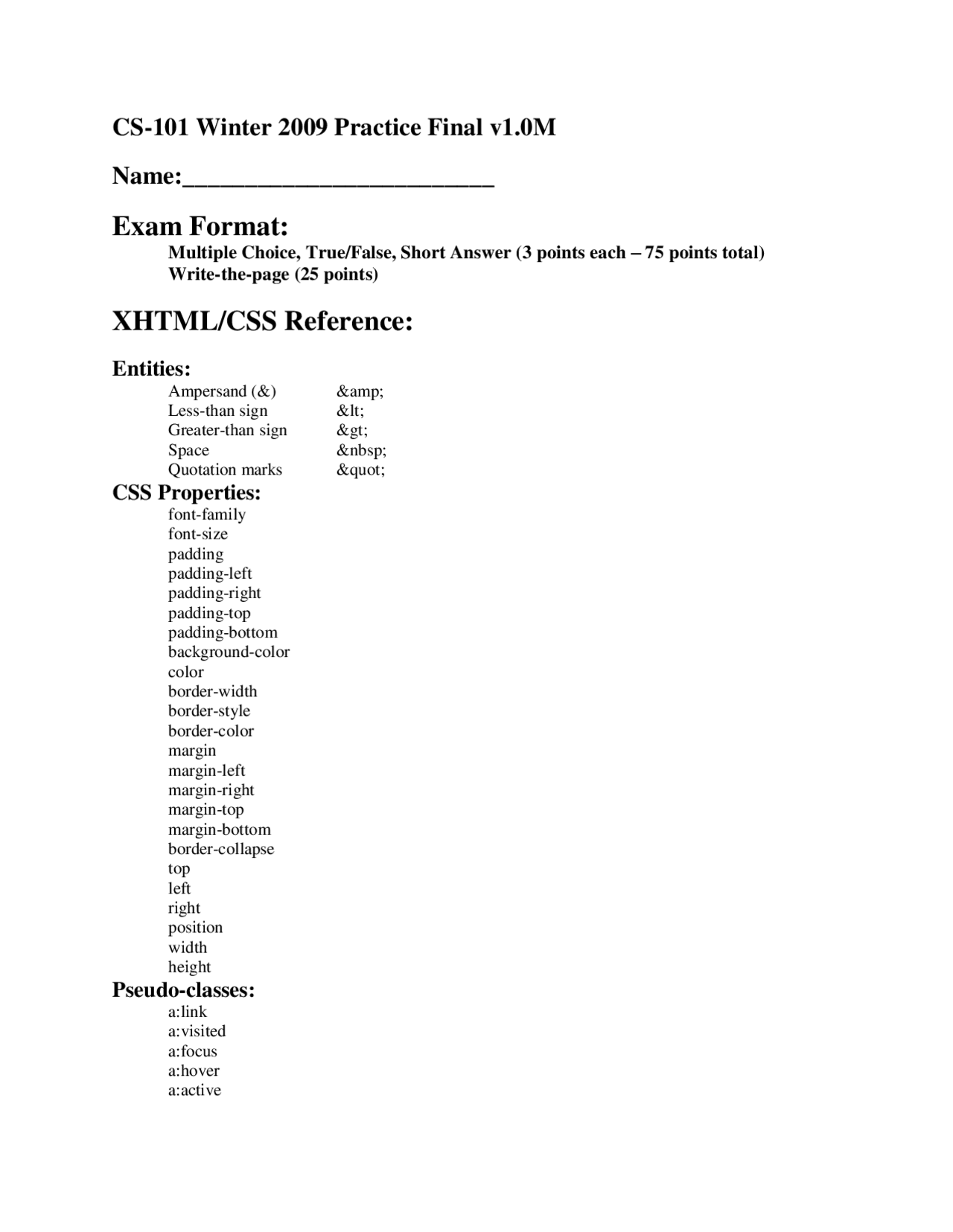 Final Exam Unsolved Questions Web Site Construction Cs 101 Docsity
