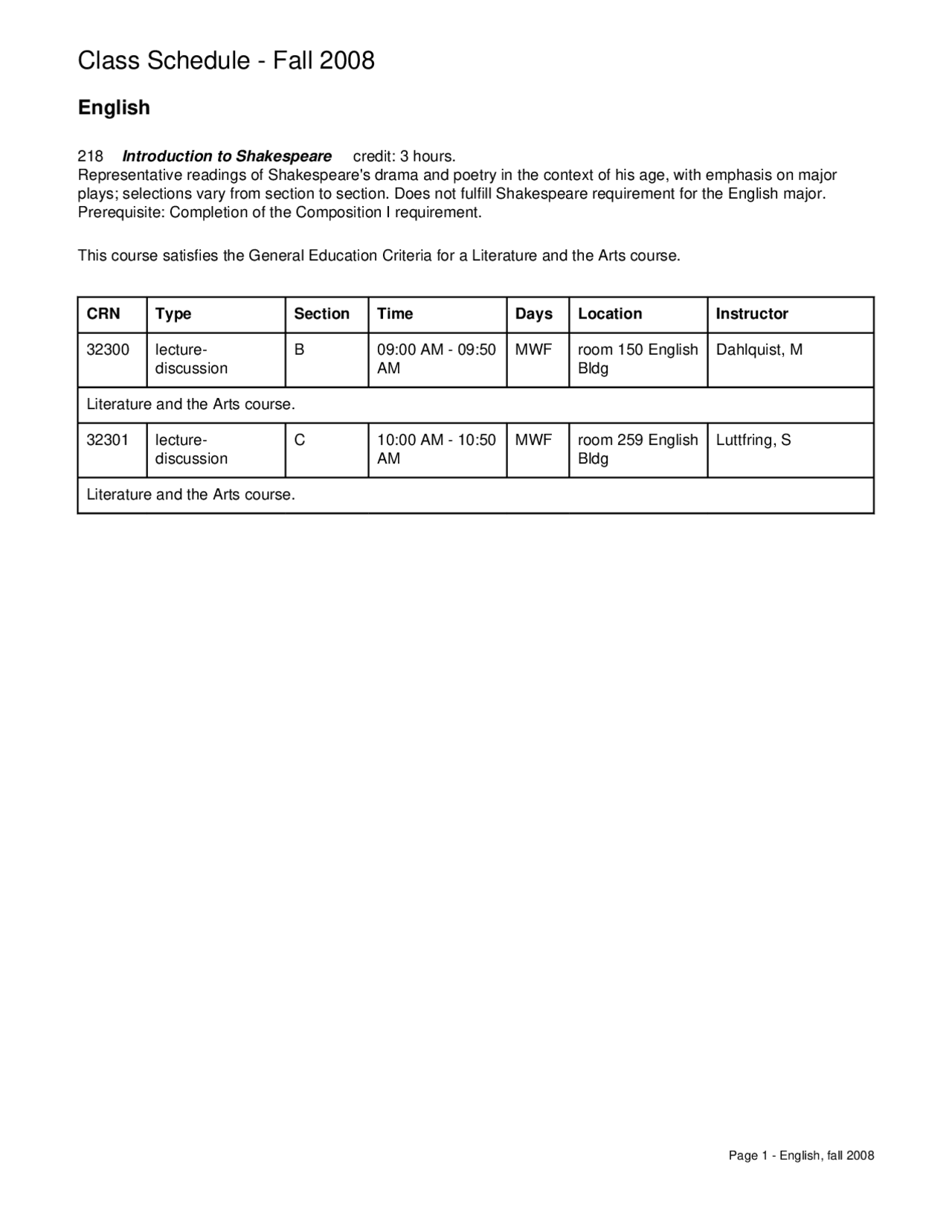 Class Schedule - English - Introduction to Shakespeare | ENGL 218 - Docsity