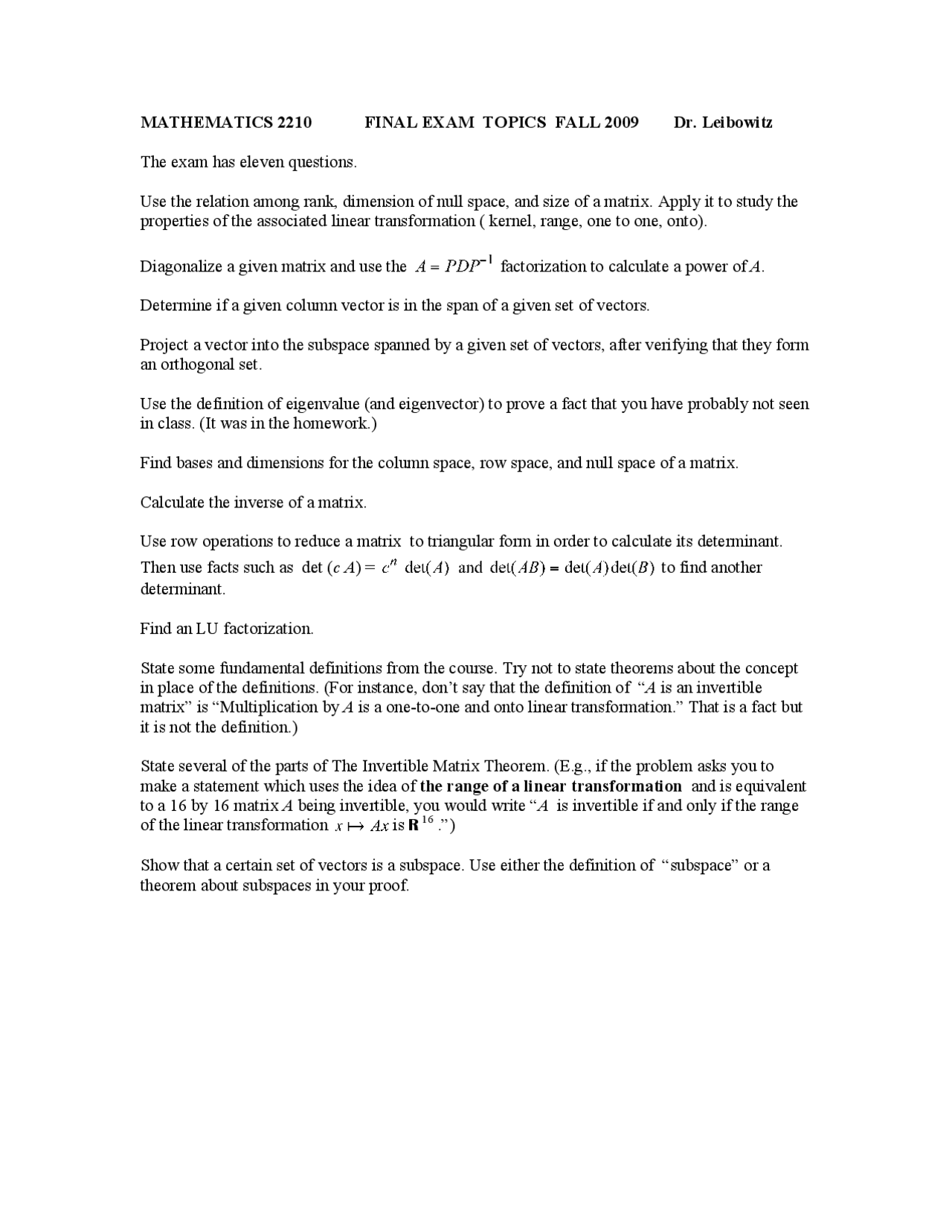 Final Exam for Applied Linear Algebra | MATH 2210 | Exams Linear Algebra | Docsity