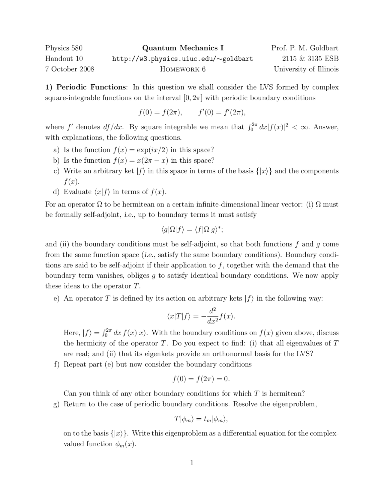 Quantum Mechanics I - Handout Notes for Homework 6 | PHYS 580 - Docsity
