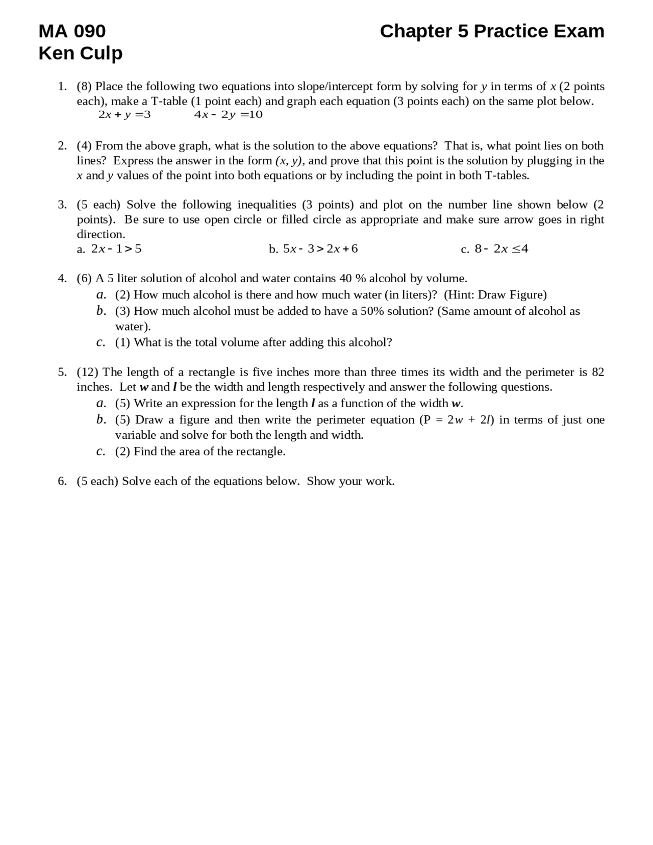 Practice Examination on Beginning Algebra | MA 090 | Exams Algebra ...