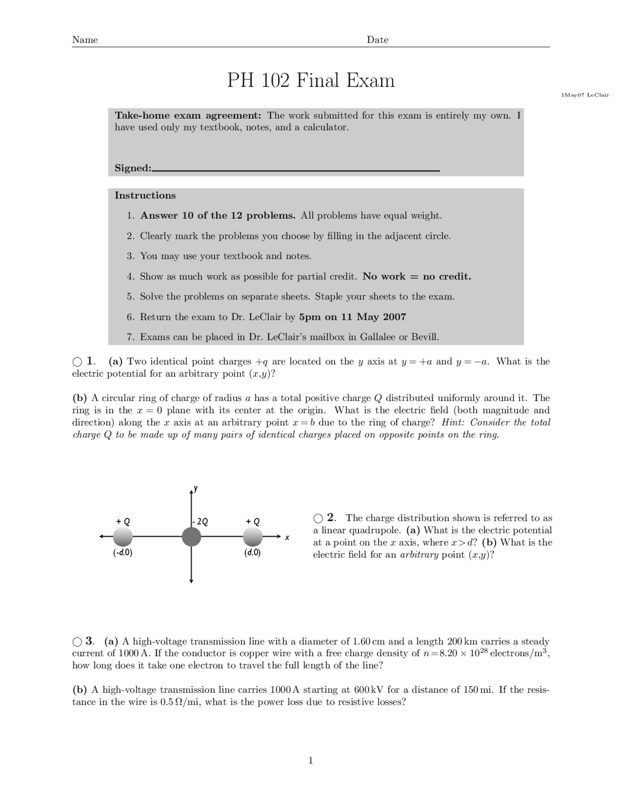 Past Final Examination on General Physics II | PH 102 - Docsity
