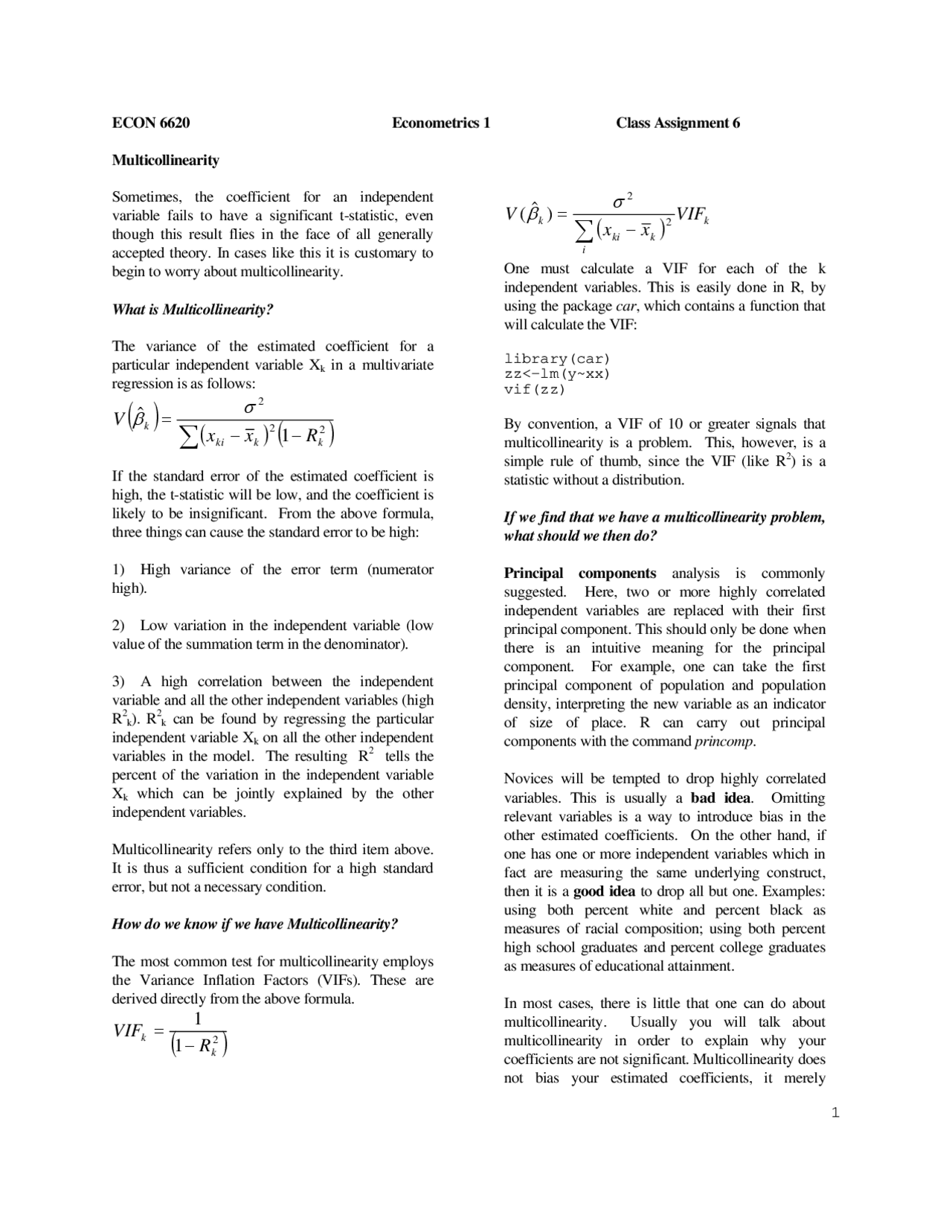 Multicollinearity For Econometrics I Homework 6 Econ 6620 Docsity