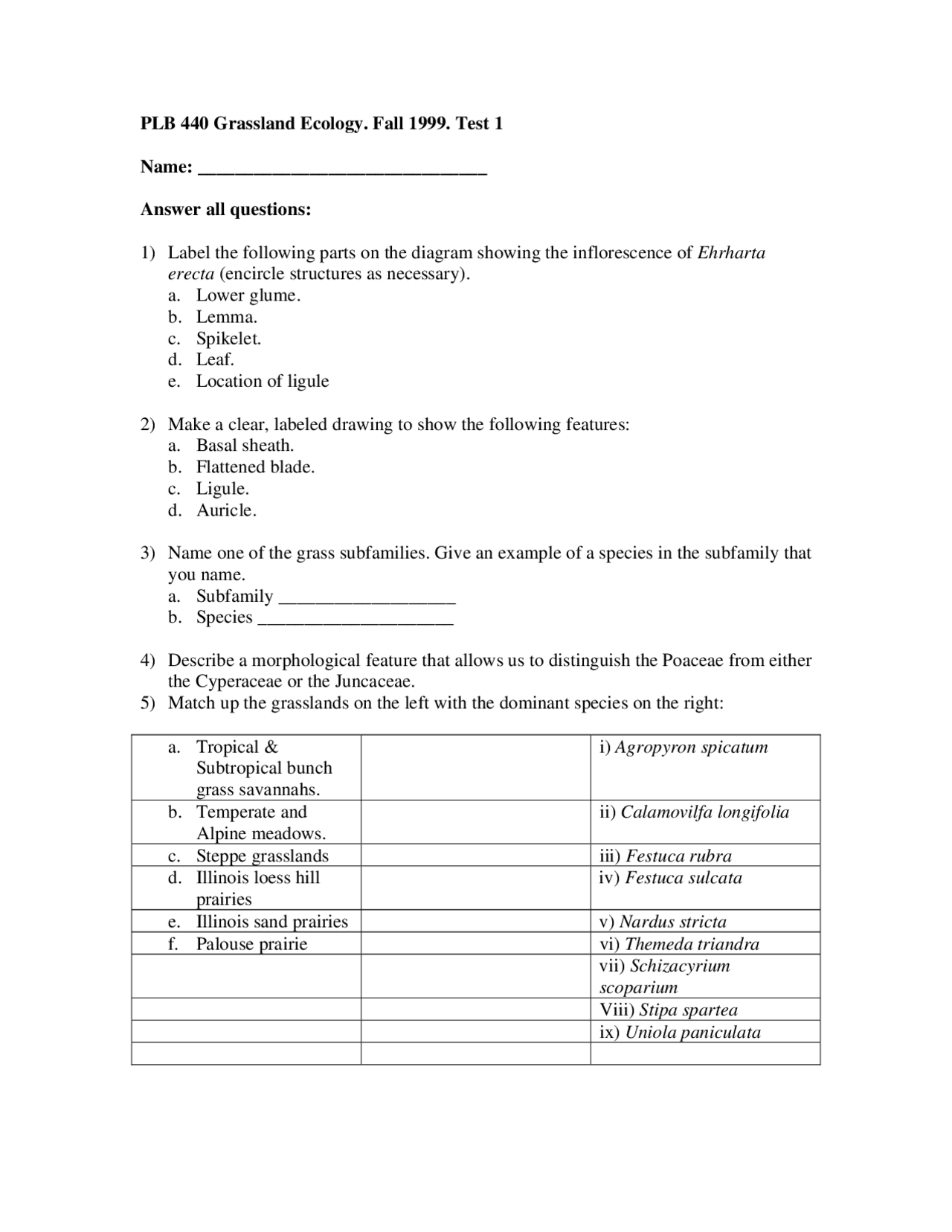 Solutions For Exam 1 Grassland Ecology Plb 440 Docsity