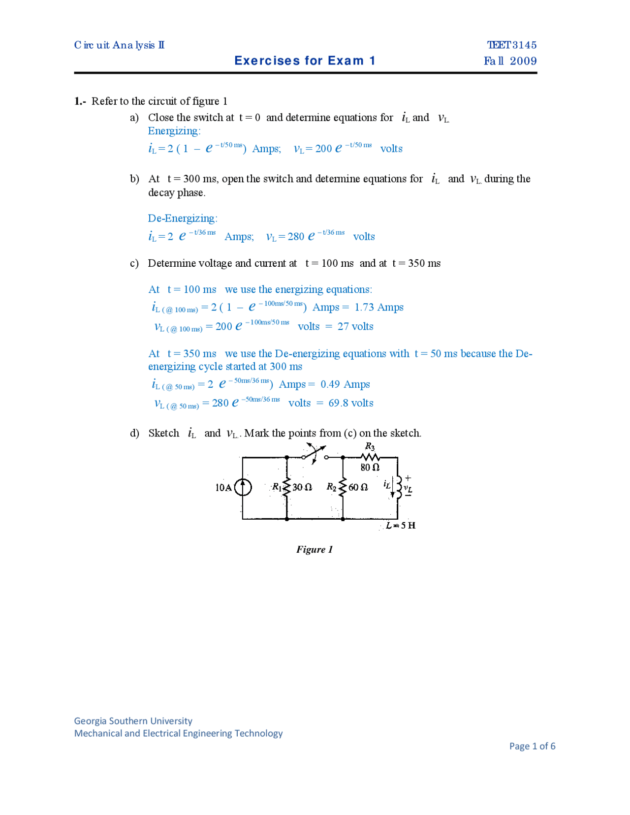 Solved Exam 1 For Circuit Analysis Ii Teet 3145 Docsity