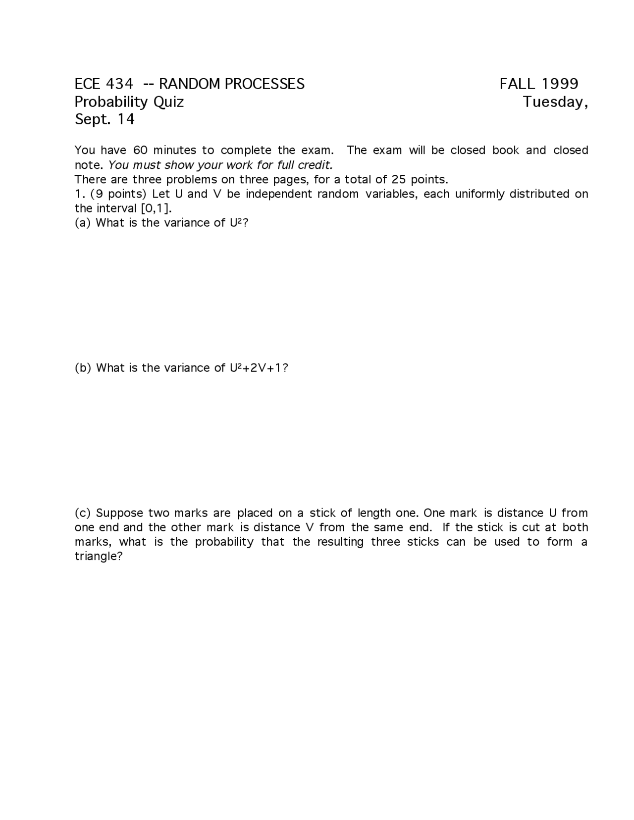 Practice Problems for Probability Quiz - Random Processes | ECE 534 - Docsity