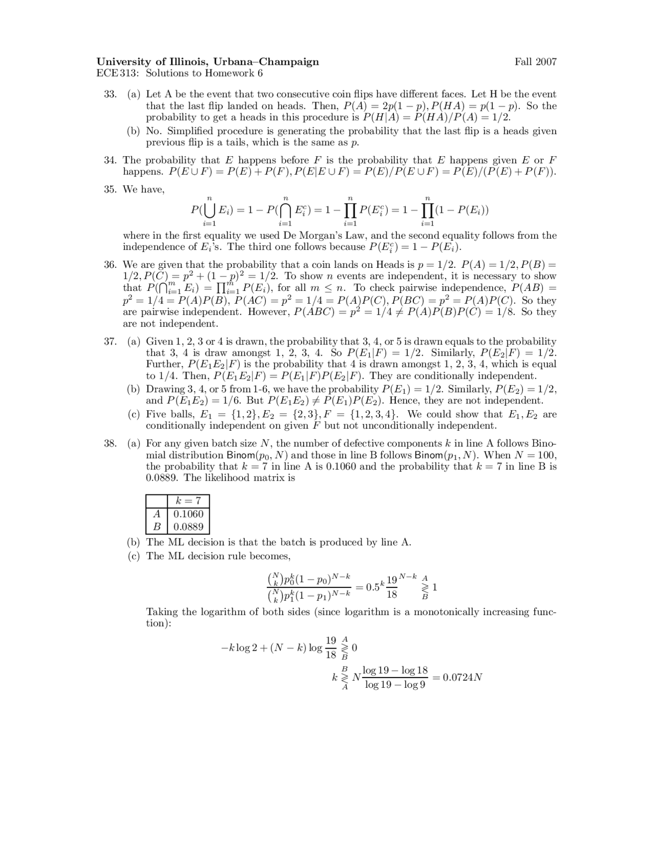 Probability Theory: Solutions to ECE 313 Homework 6, UIUC | Assignments Statistics | Docsity