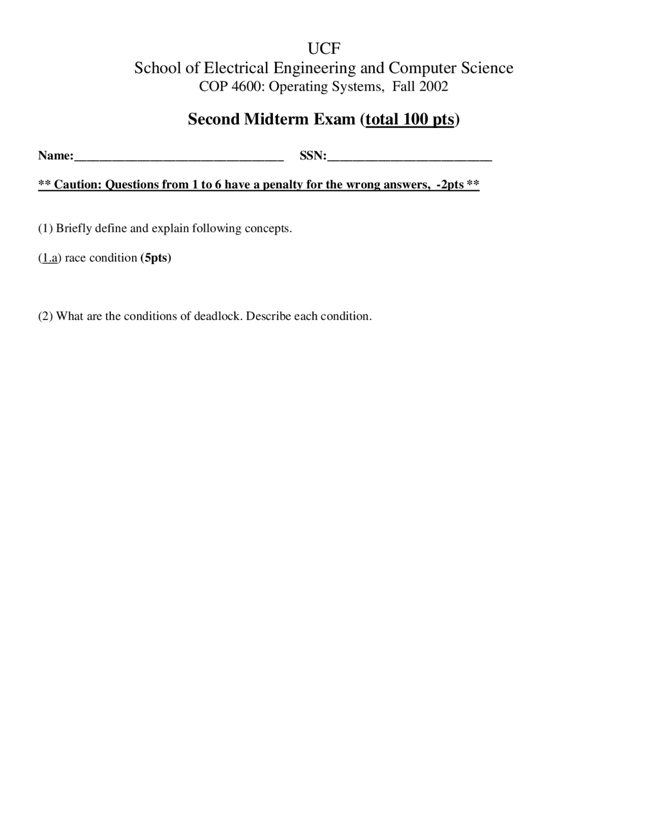 Second Midterm Exam Questions Operating Systems Fall 2002 Cop