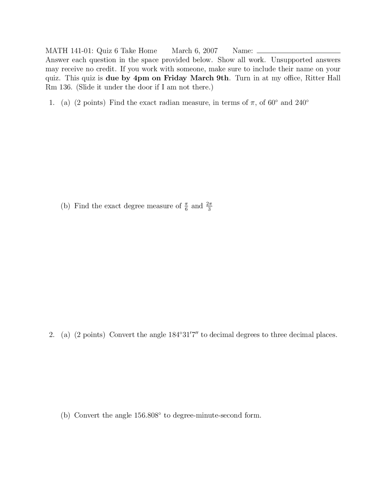 Quiz 3 With 5 Questions For Pre Calculus Math 141 Docsity