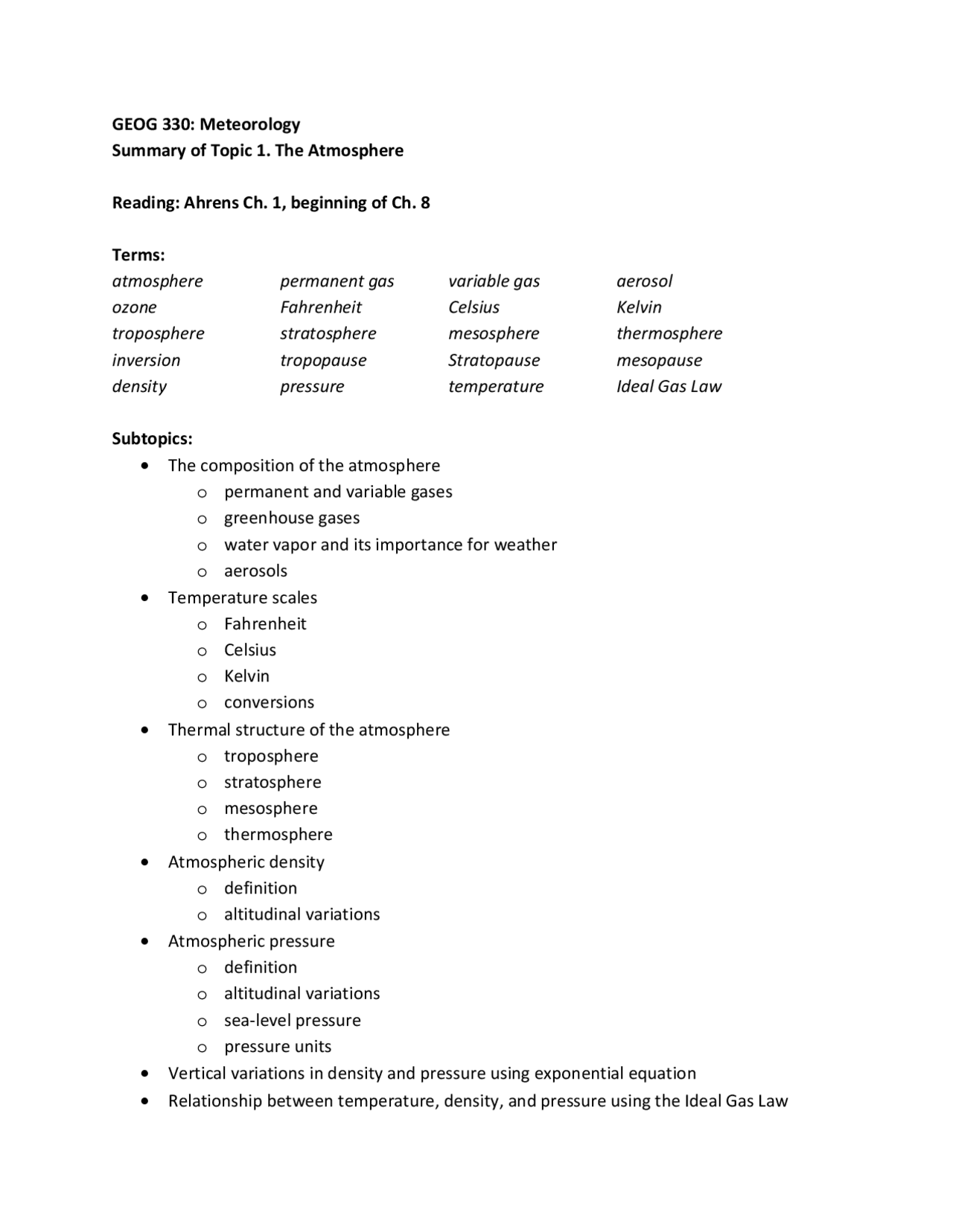 Outline For Atmosphere Meteorology Geog 330 Docsity
