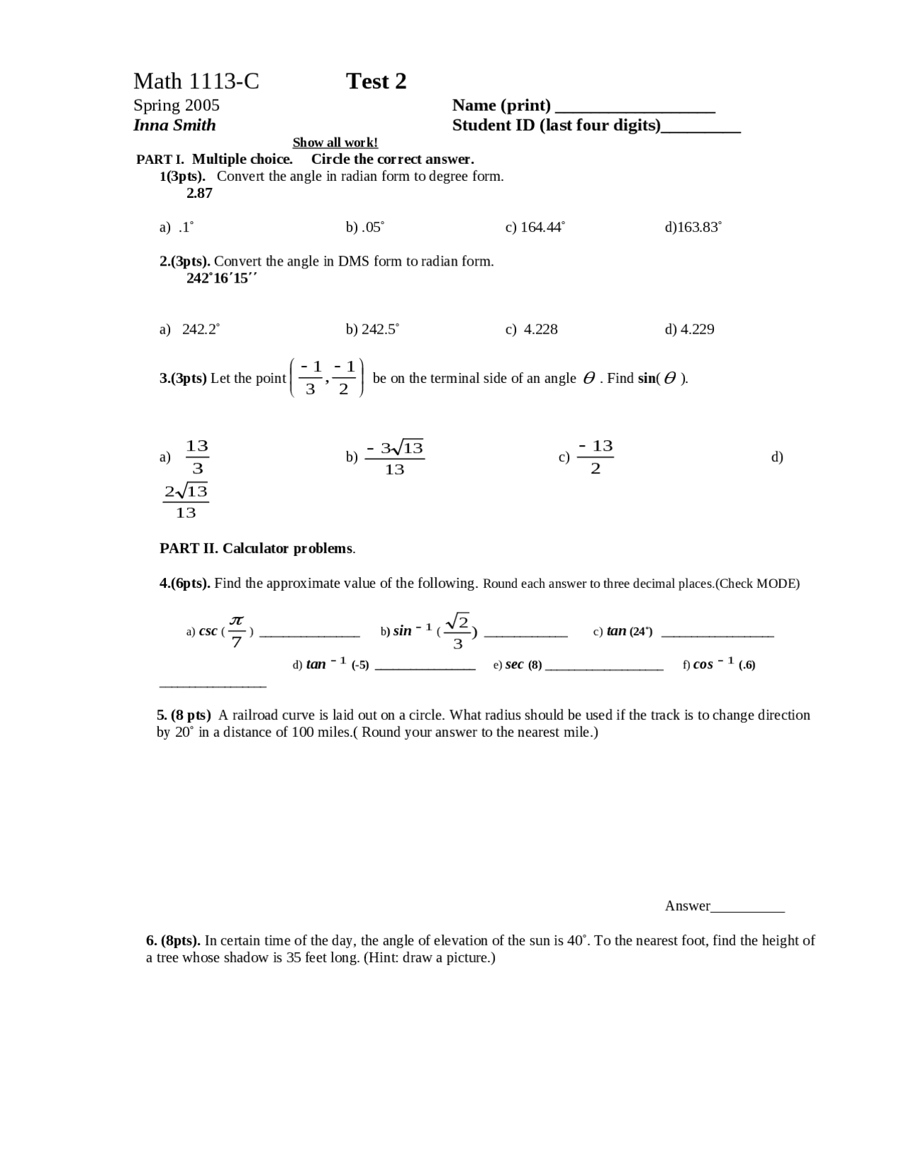 Questions On The Trigonometric Functions Exam 2 Math 1113 Docsity