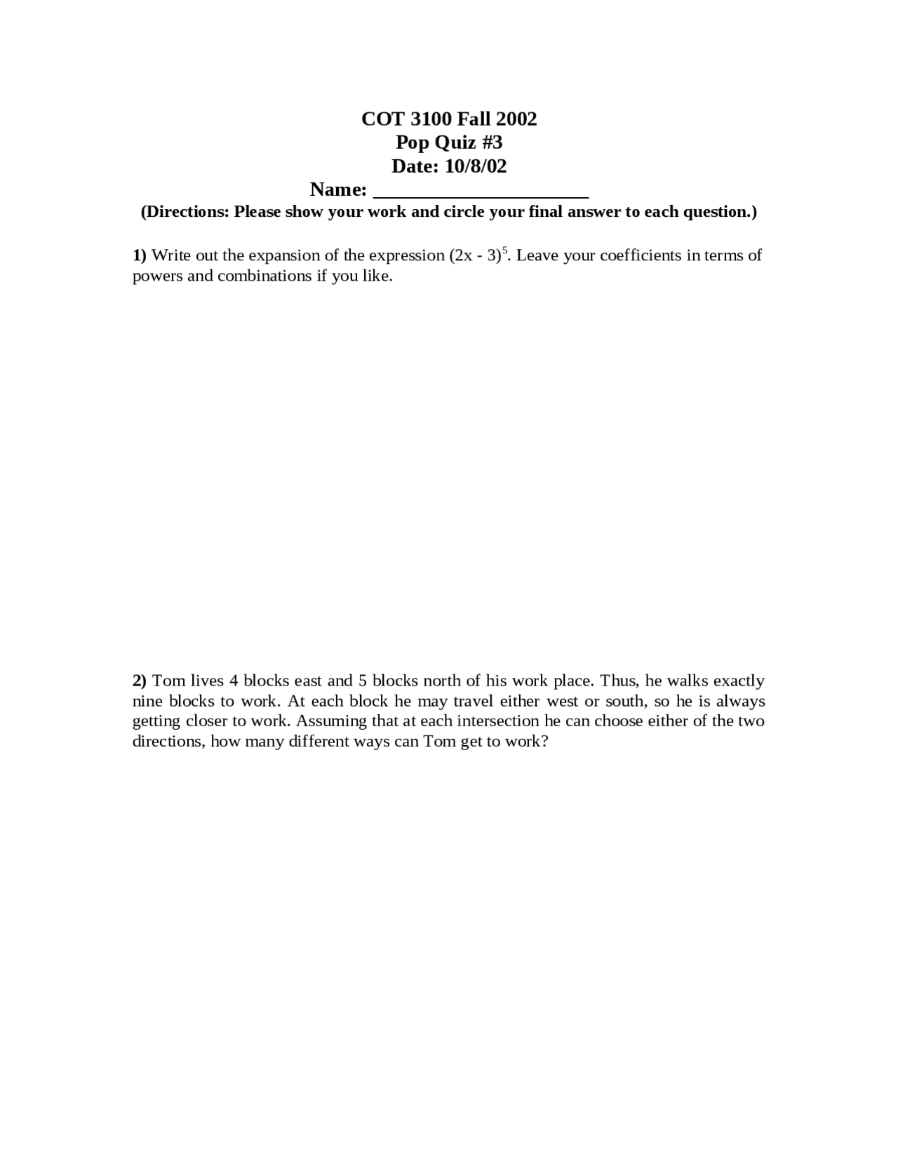 2 Problems on Introduction to Discrete Structures - Quiz 3 | COT 3100 ...
