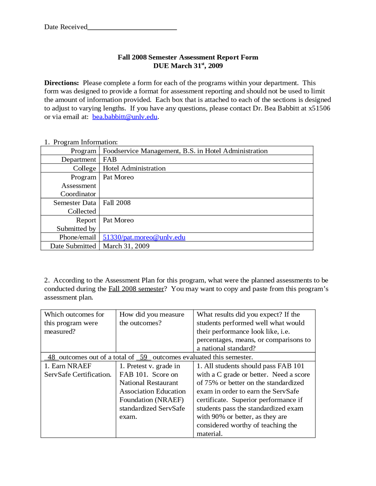 Fall 2008 Semester Assessment Report Form - Exam 1 | FAB 101 - Docsity