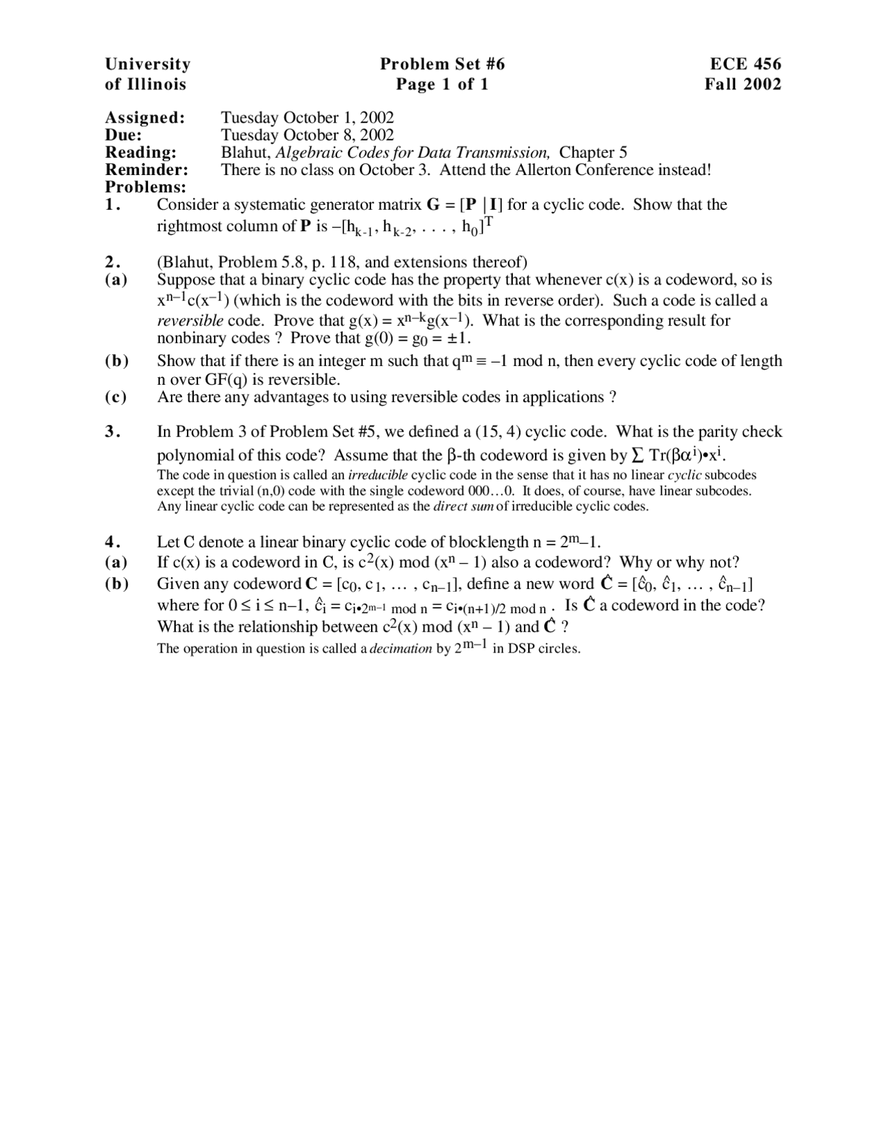 Algebraic Codes For Data Transmission Problem Set 6 Ece 556 Assignments Electrical And