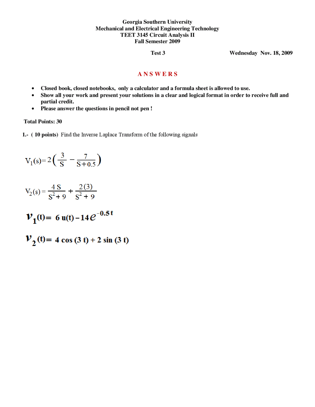 Test 3 With Answers Circuit Analysis Ii Teet 3145 Docsity