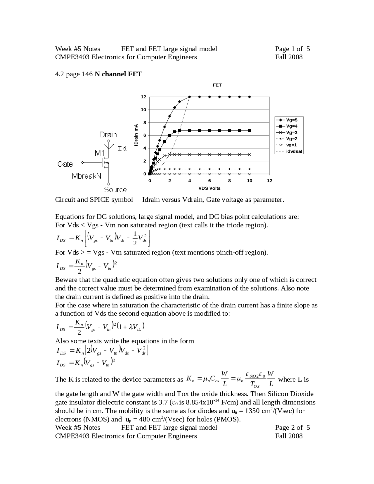 Fet And Fet Large Signal Model Handout Notes Cmpe 3403 Docsity