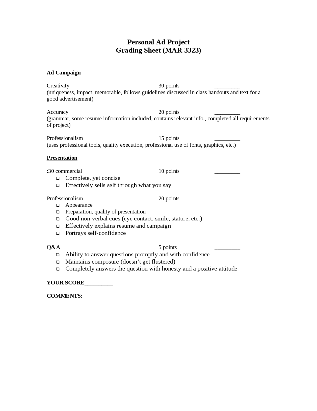 Personal Ad Project Grading Sheet - Integrated Marketing Communication ...
