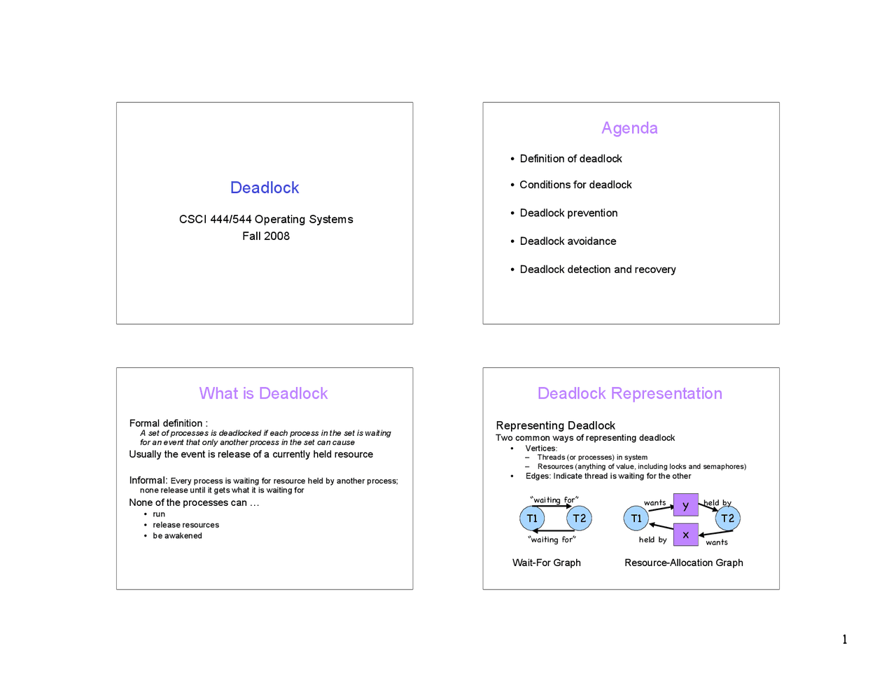 Lecture Slides On Deadlock And Agenda Operating Systems Csci 444