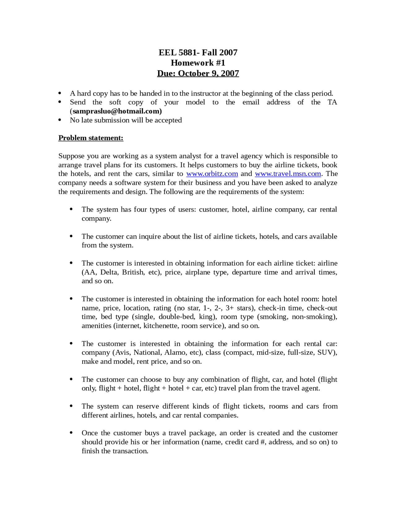 Assignment 1 For Customers Software Engineering I Eel 5881 Docsity