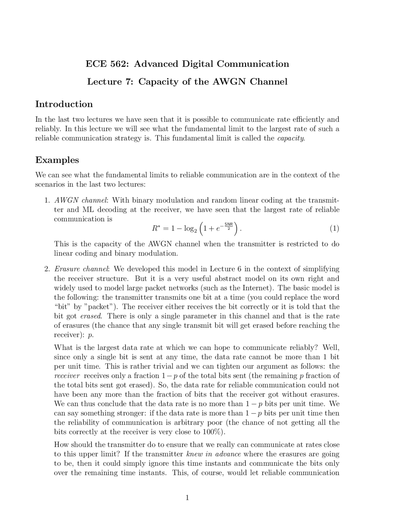 Notes on Capacity of the AWGN Channel - Lecture | ECE 562 - Docsity