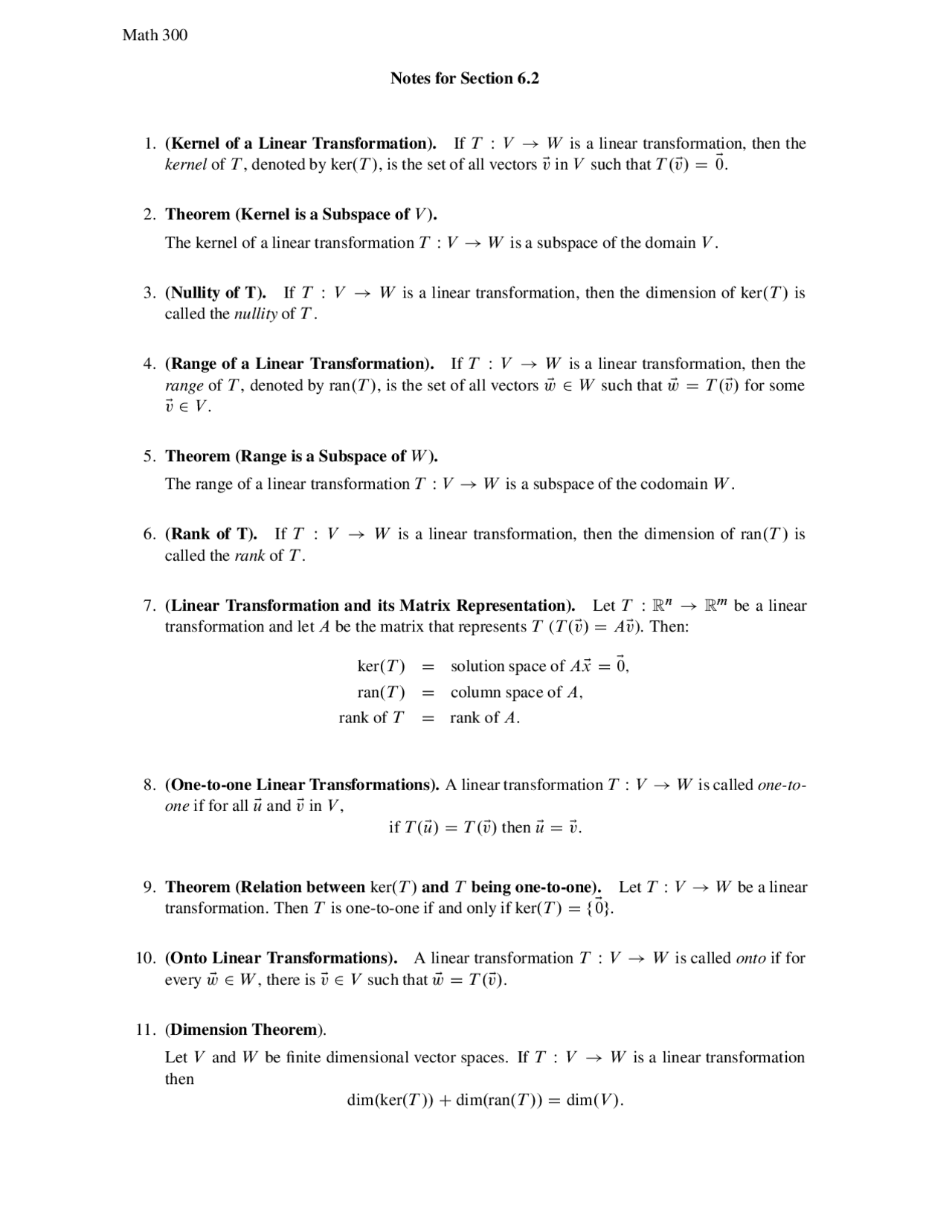 Kernel Of A Linear Transformation Lecture Notes Math 300 Docsity