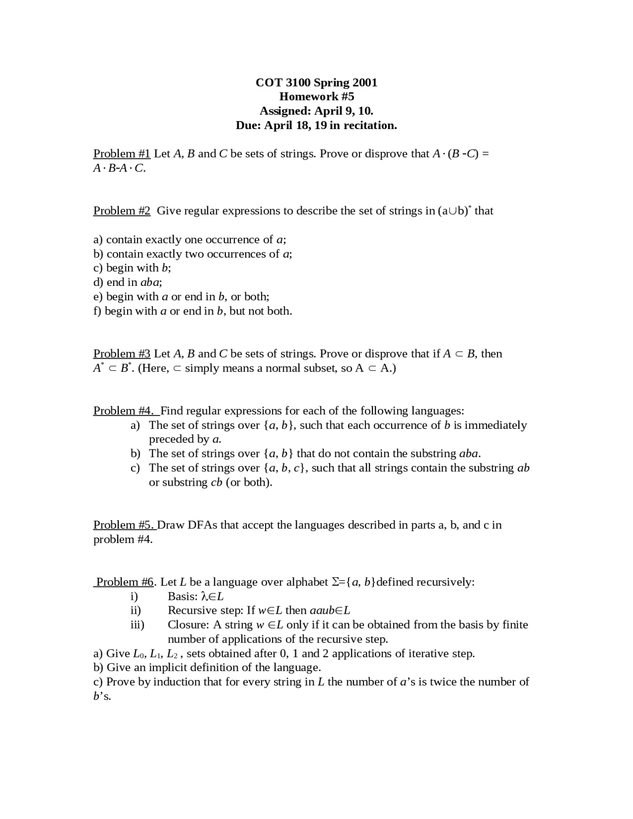 Homework 5 - Introduction to Discrete Structures - Spring 2001 | COT 3100 - Docsity