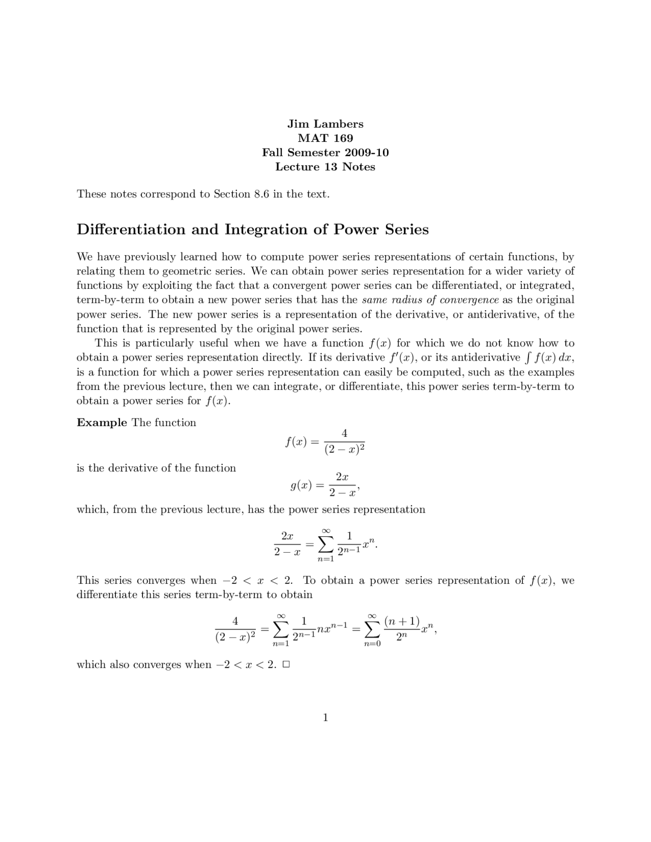 Differentiation And Integration Of Power Series Lecture Notes Mat
