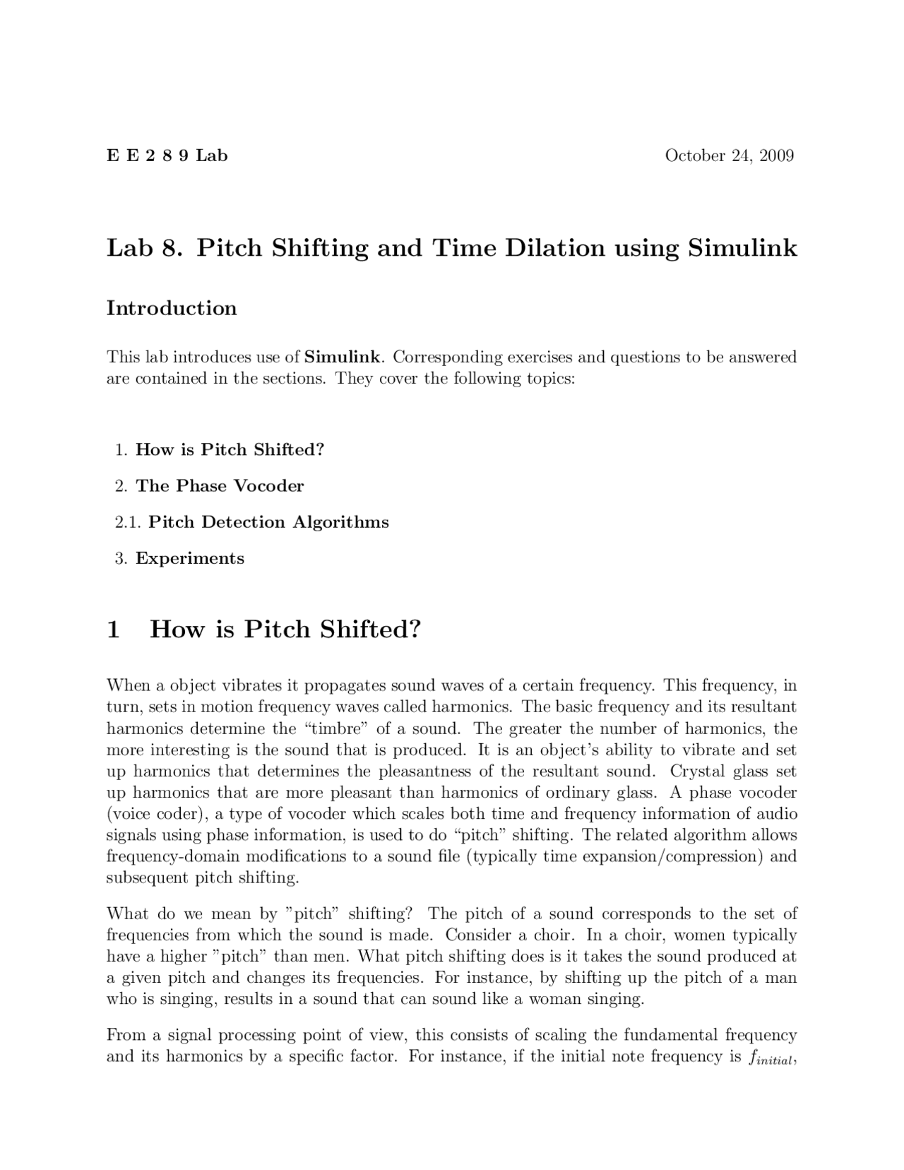 Pitch Shifting and Time Dilation using Simulink - Lab 8 | EE 275 | Lab Reports Digital Signal ...
