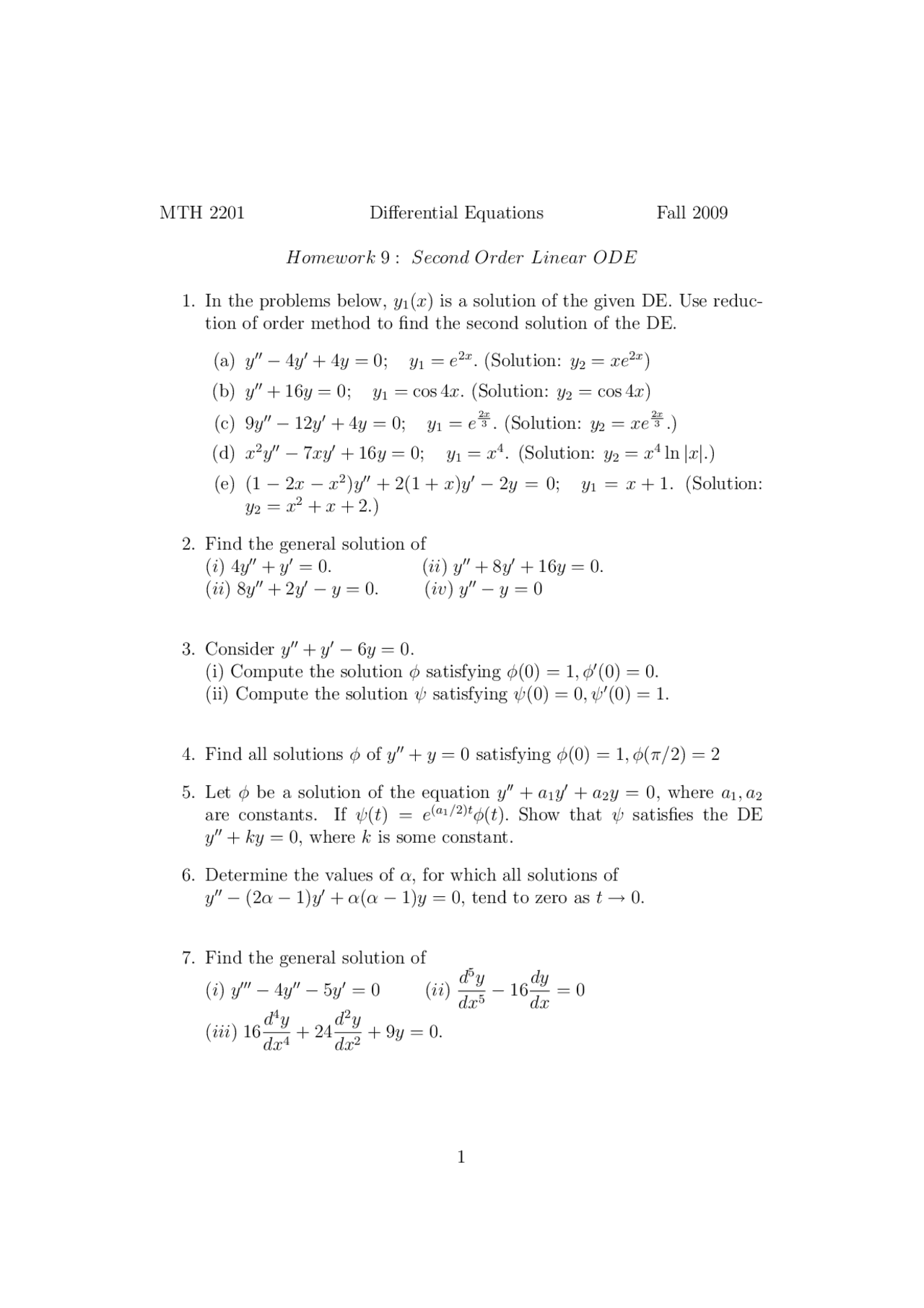 Second Order Linear Ode Homework 9 Questions Mth 2201 Docsity