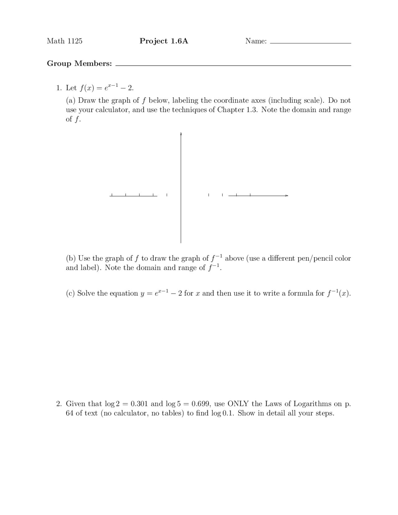 Questions For Project 1 Calculus Ia Math 1125 Docsity