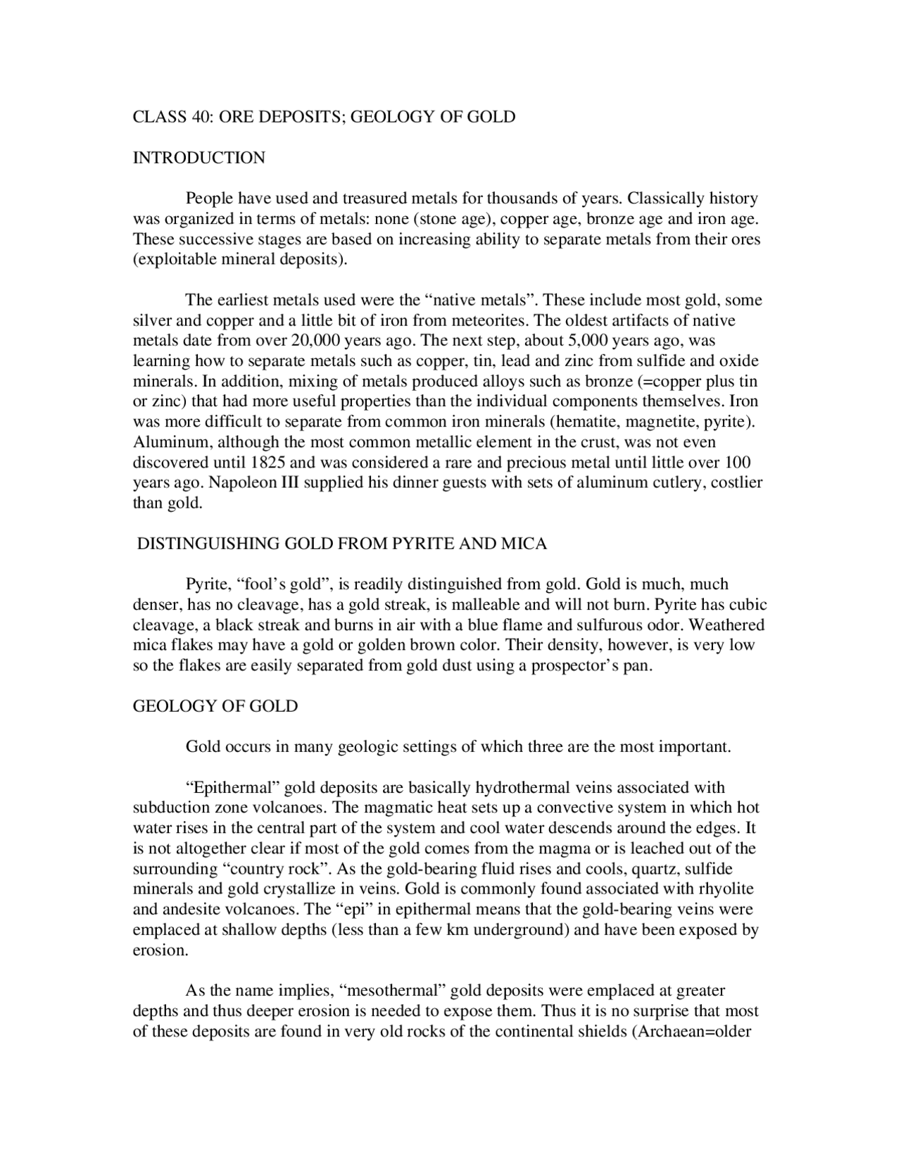 Notes on ORE Deposits - Geology of Gold | ESCI 401 | Study notes ...