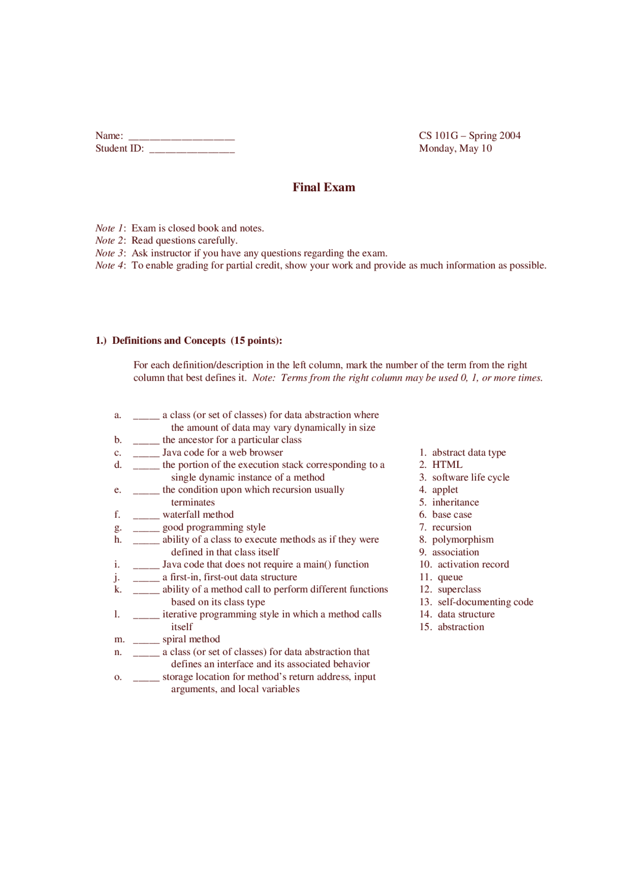 Final Exam Questions For Data Structures Spring 2004 Csci 180 Docsity