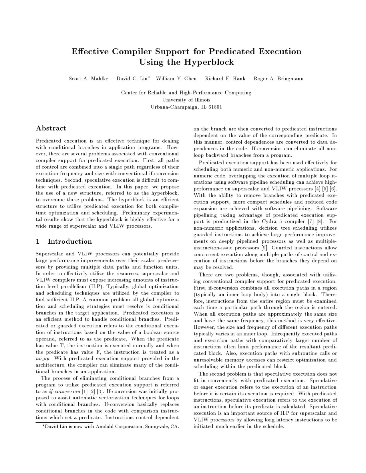 Effective Compiler Support For Predicated Execution Using The