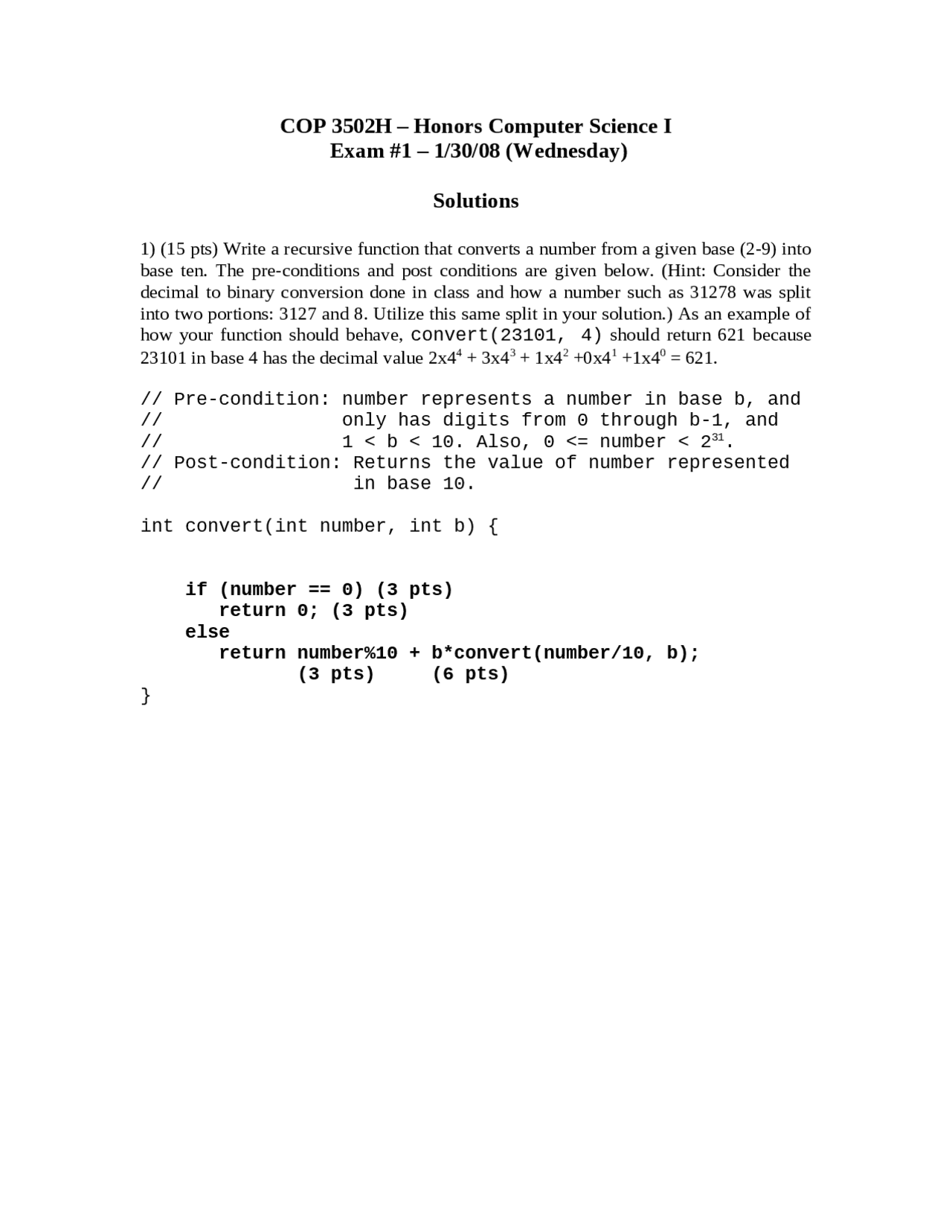 Computer Science I Exam 1 Solutions Cop 3502 Exams Computer
