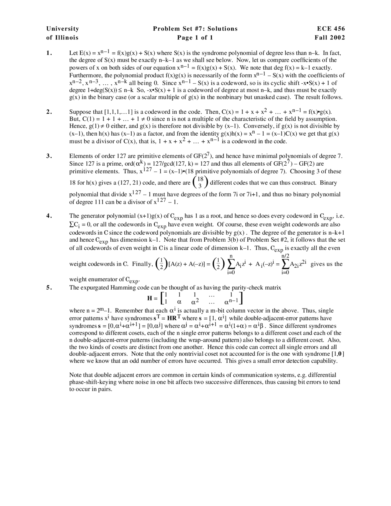 Problem Set 7 Solutions Coding Theory Ece 556 Docsity