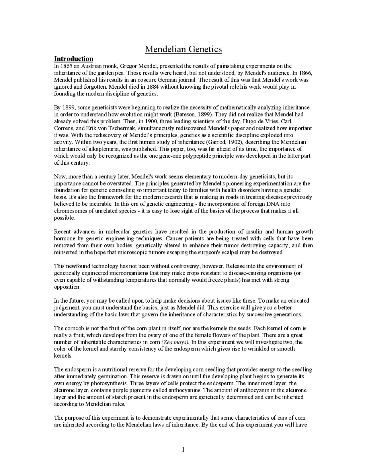 Notes on Introduction to Mendelian Genetics | BSC 1010C - Docsity