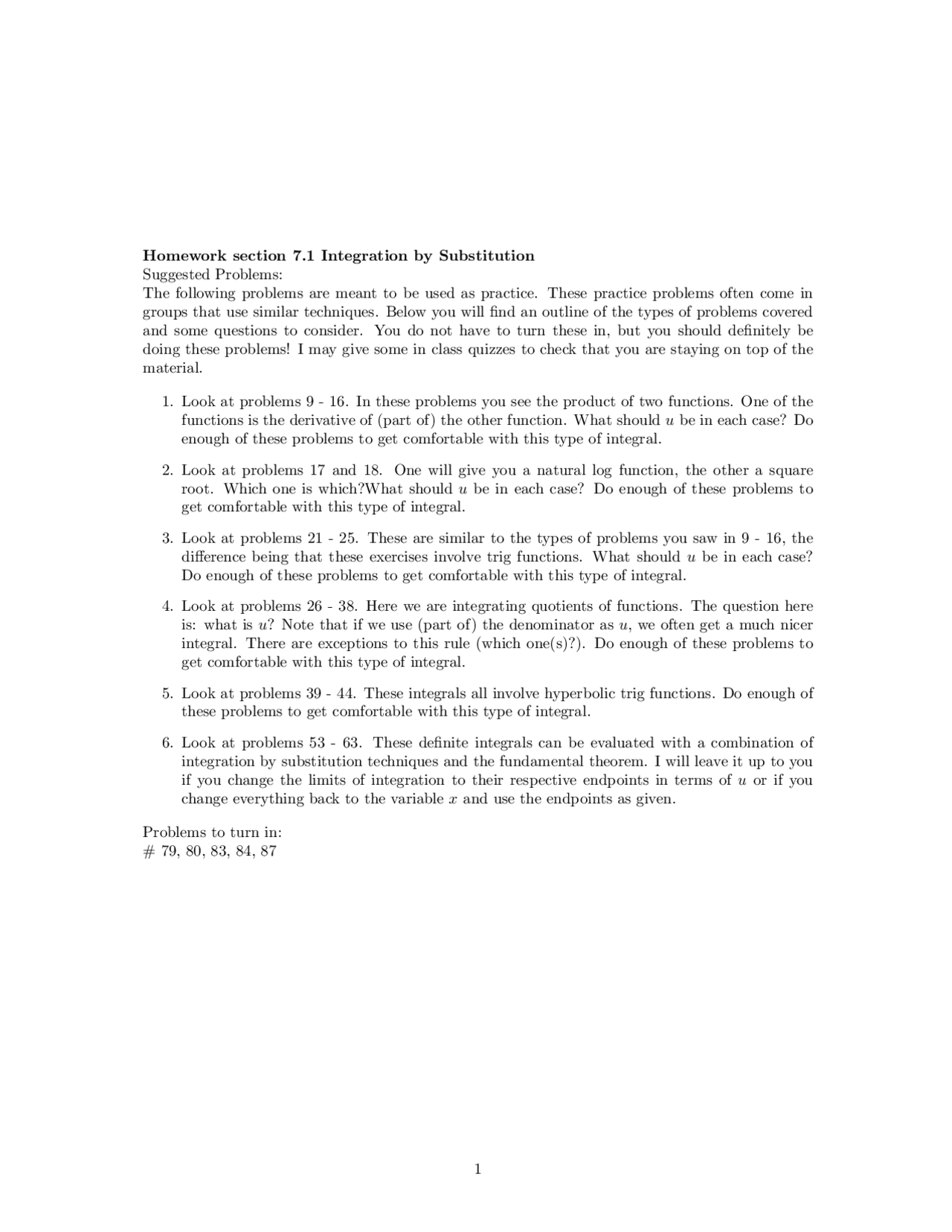 Integration By Substitution Assignment 7 Math 143 Docsity