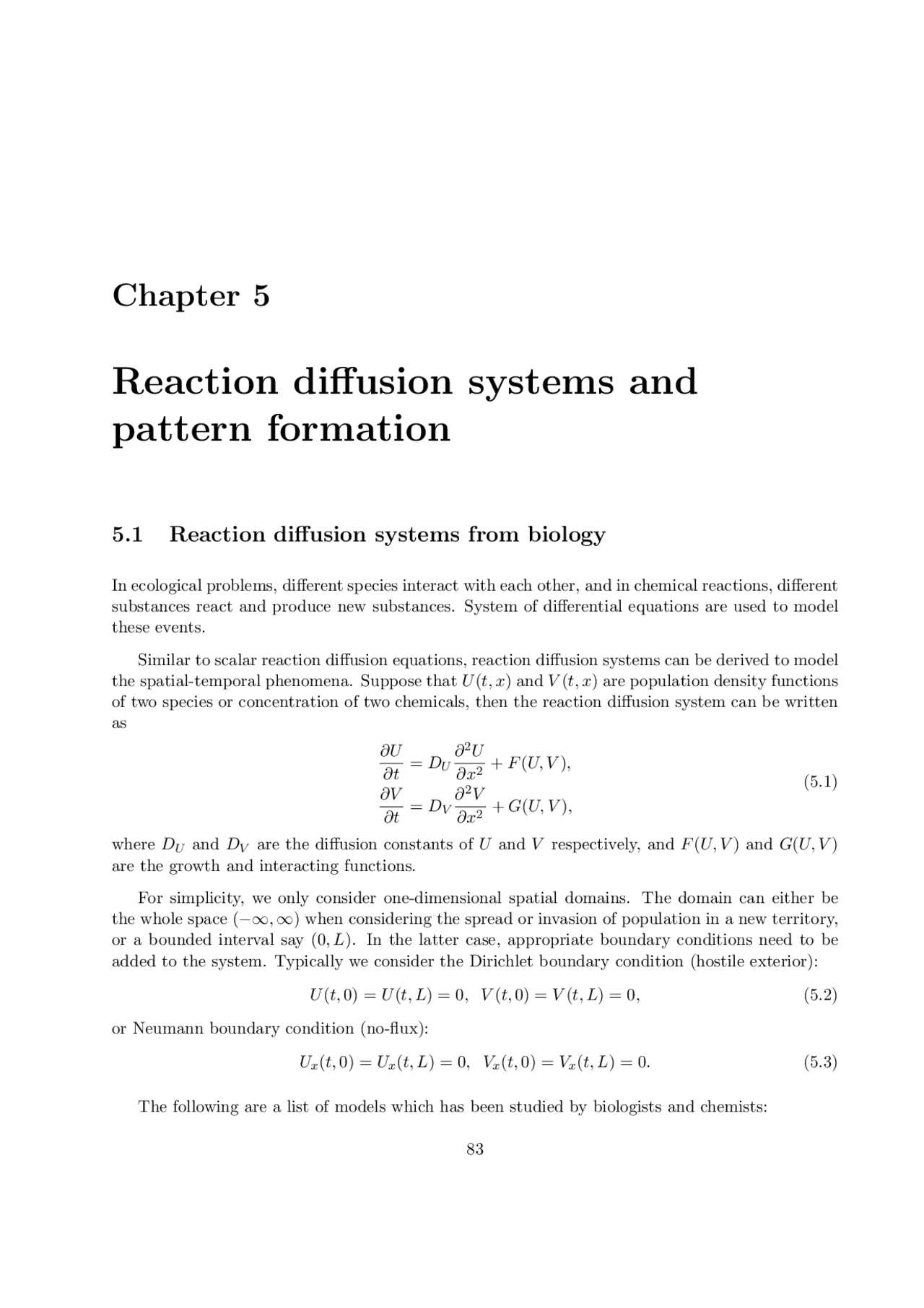 Notes on Reaction Diffusion Systems and Pattern Formation | MATH 490 ...