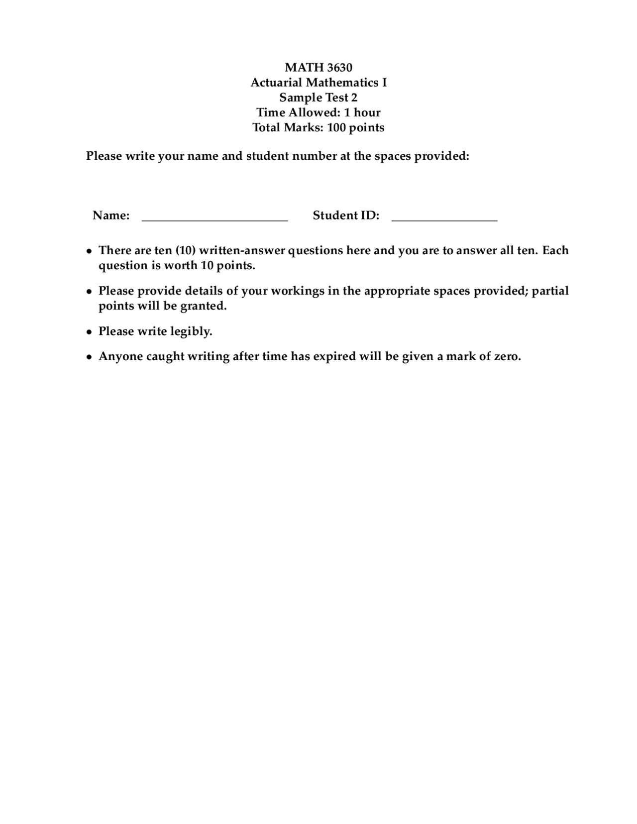 10 Questions On Actuarial Mathematics I Exam 2 Math 3630 Docsity