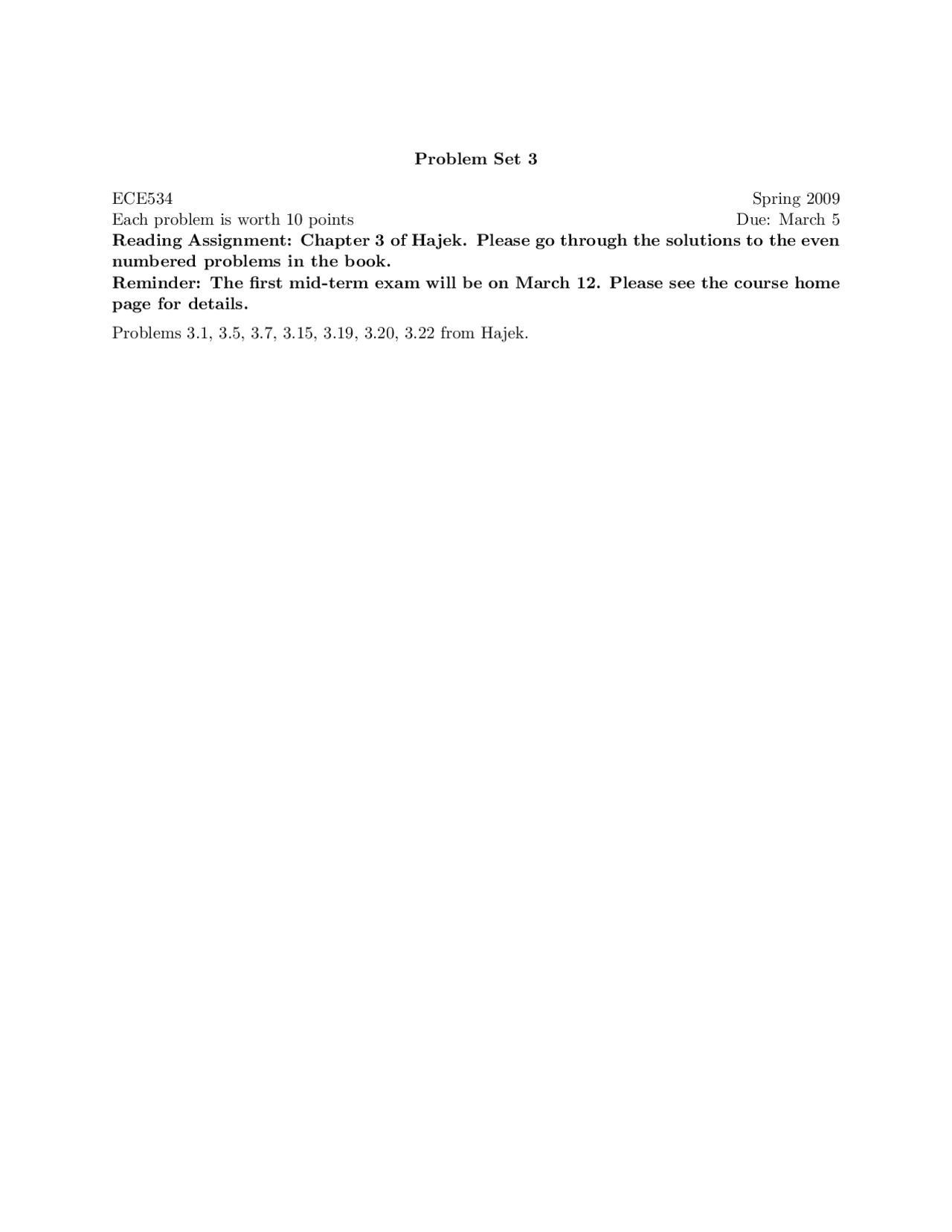 Problems On The Random Processes Assignment 3 Ece 534 Docsity