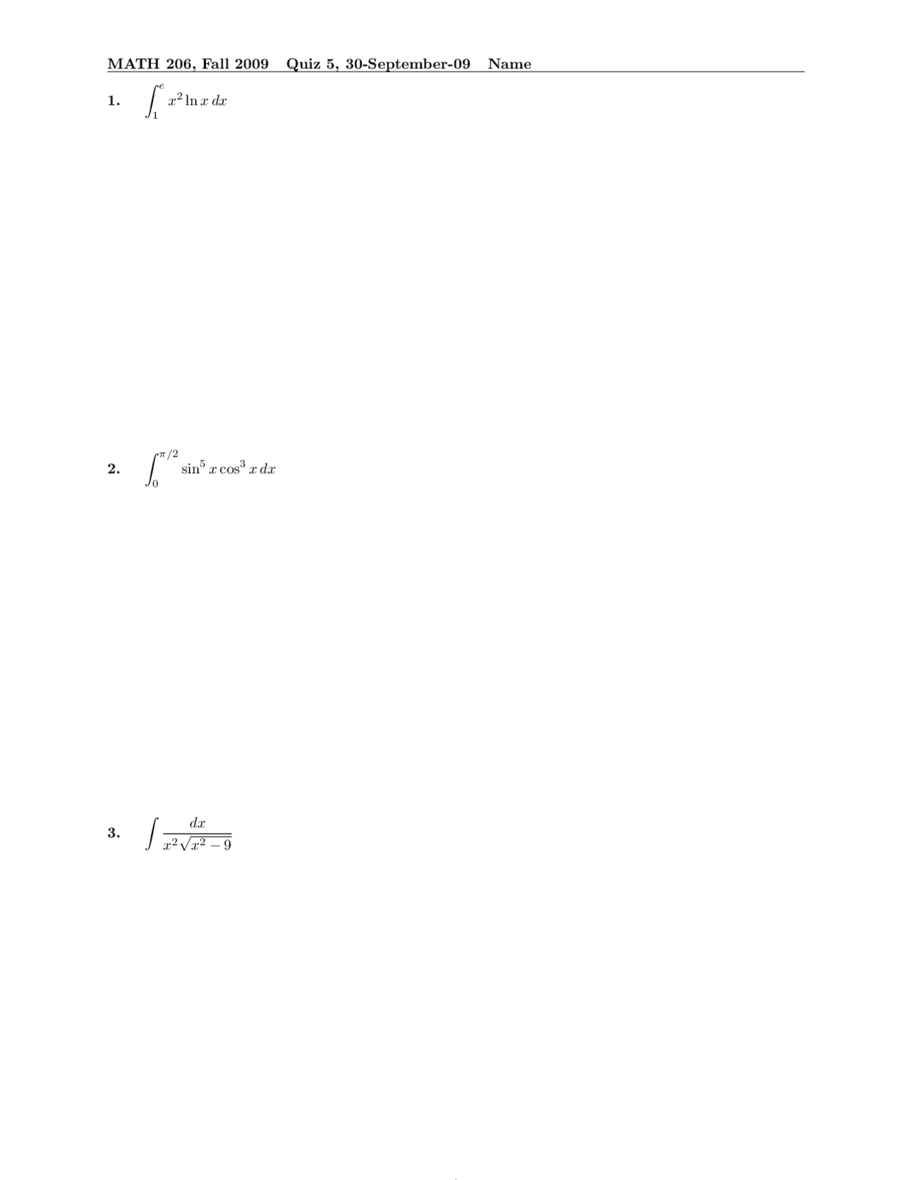 Quiz 5 - Calculus II - Fall 2008 | MATH 206 - Docsity