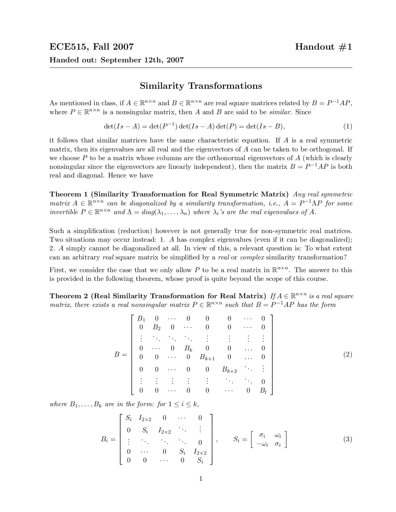 Similarity Transformations Control System Theory And Design Handout