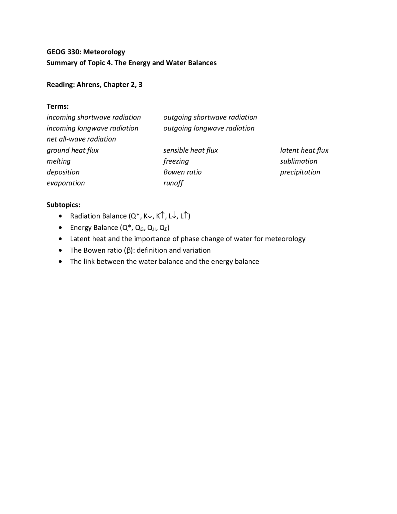The Energy and Water Balances - Summary | GEOG 330 - Docsity